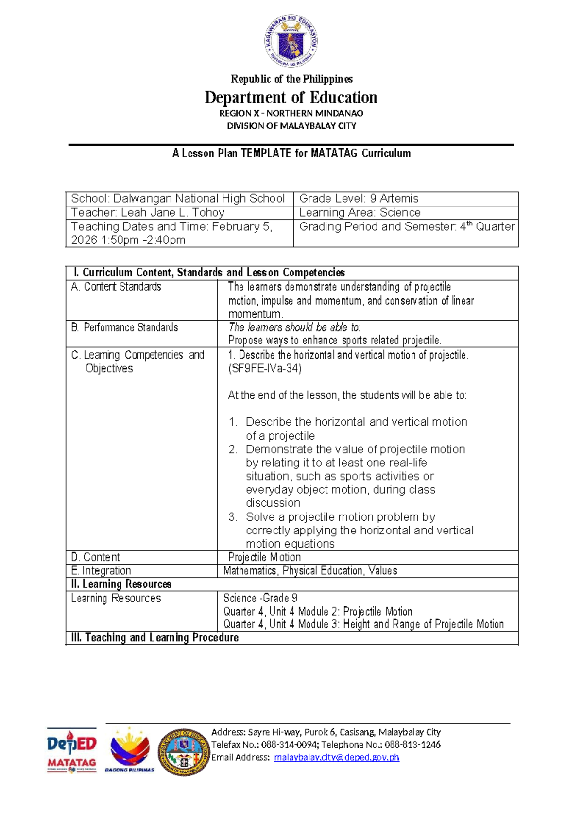 Grade 9 Science Lesson Plan: Understanding Projectile Motion - Studocu