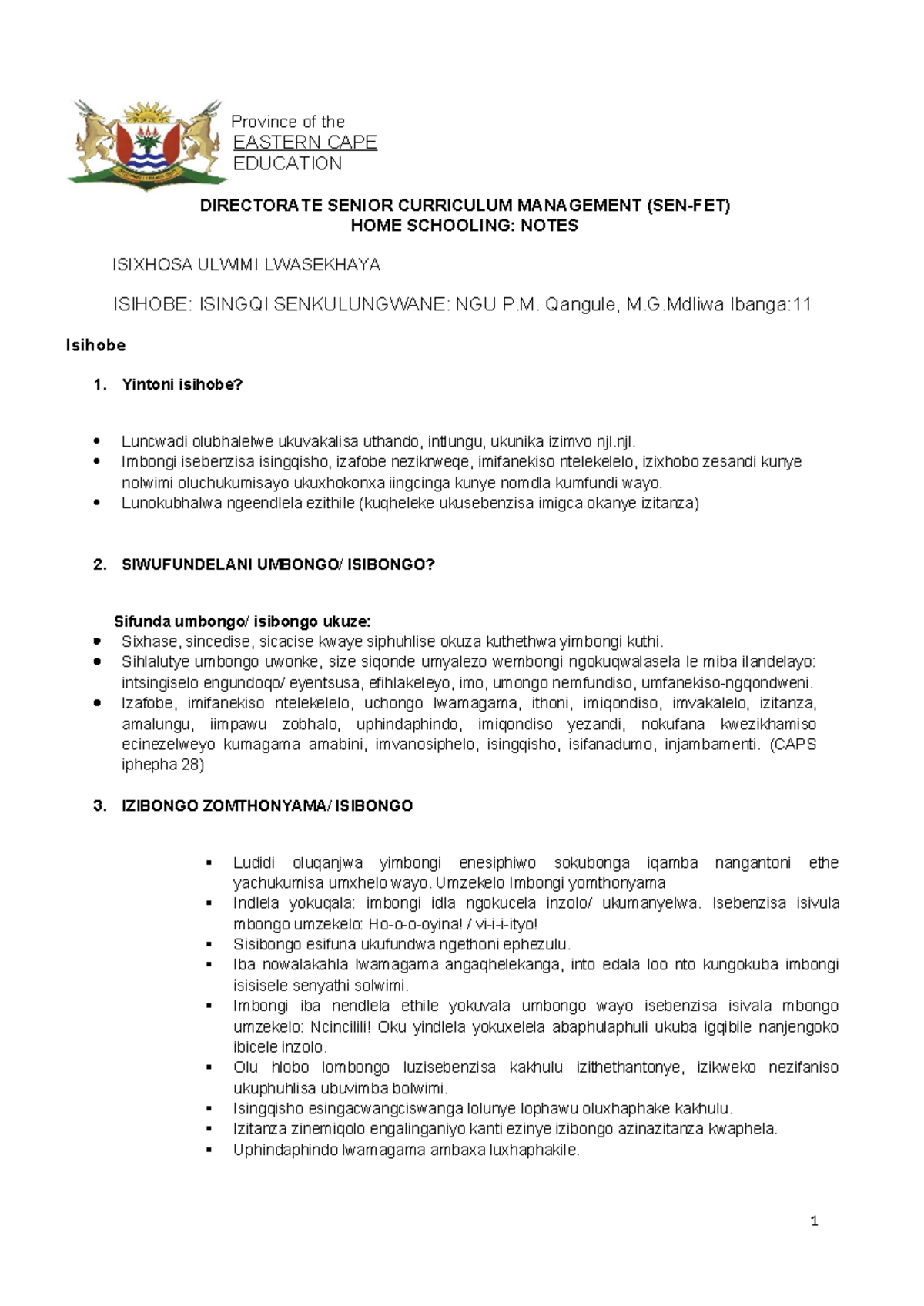 Isixhosa HL Grade 11 Poetry Worksheet Notes on Isihobe and Iimbongo ...