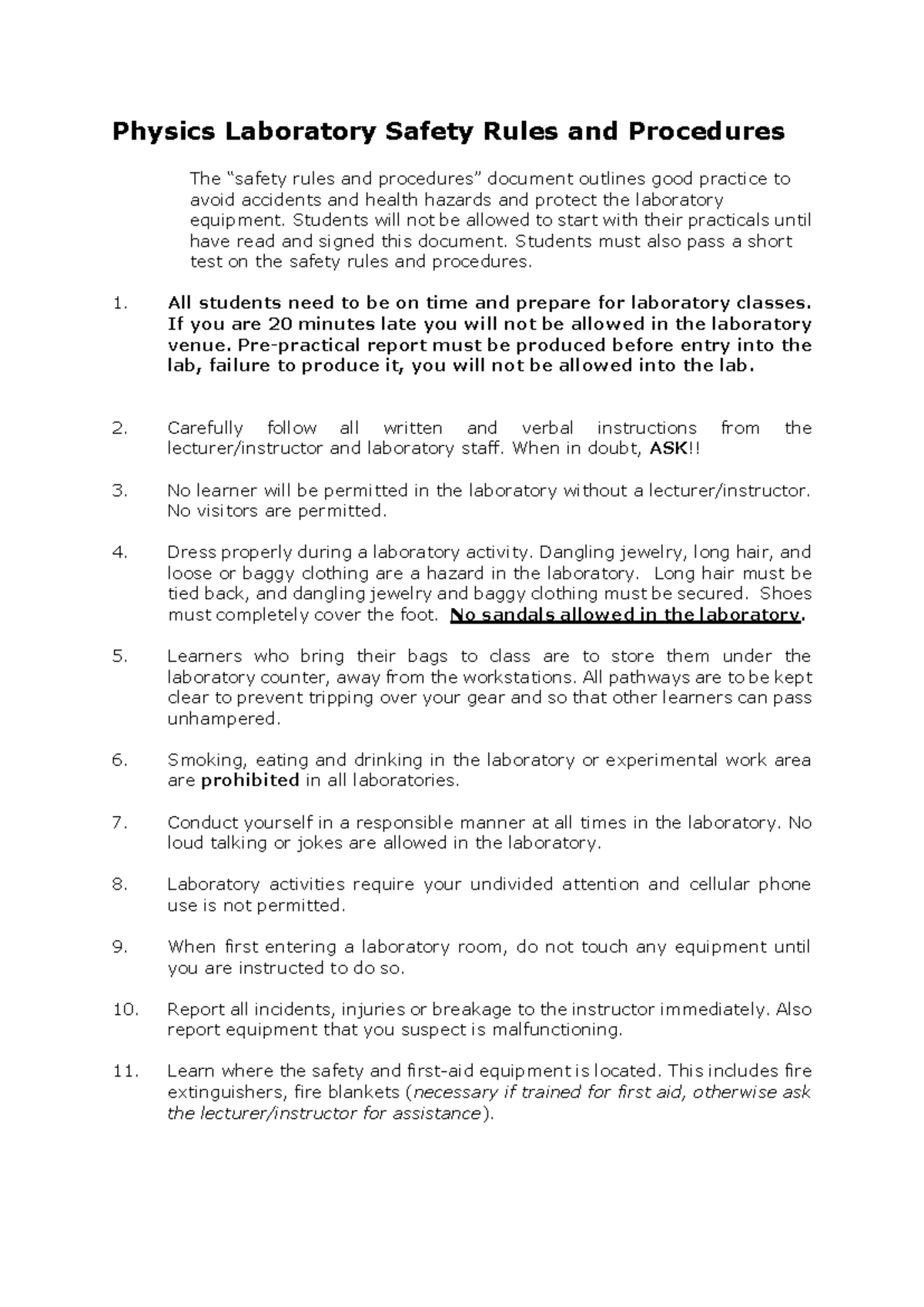 Physics Lab Safety Rules & Procedures: Essential Guidelines - Studocu