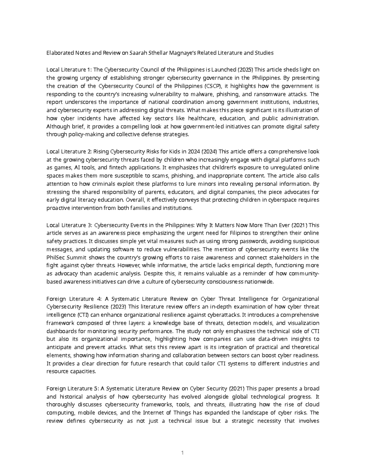 RRL & RRS Notes Review on Cybersecurity Literature and Studies - Studocu