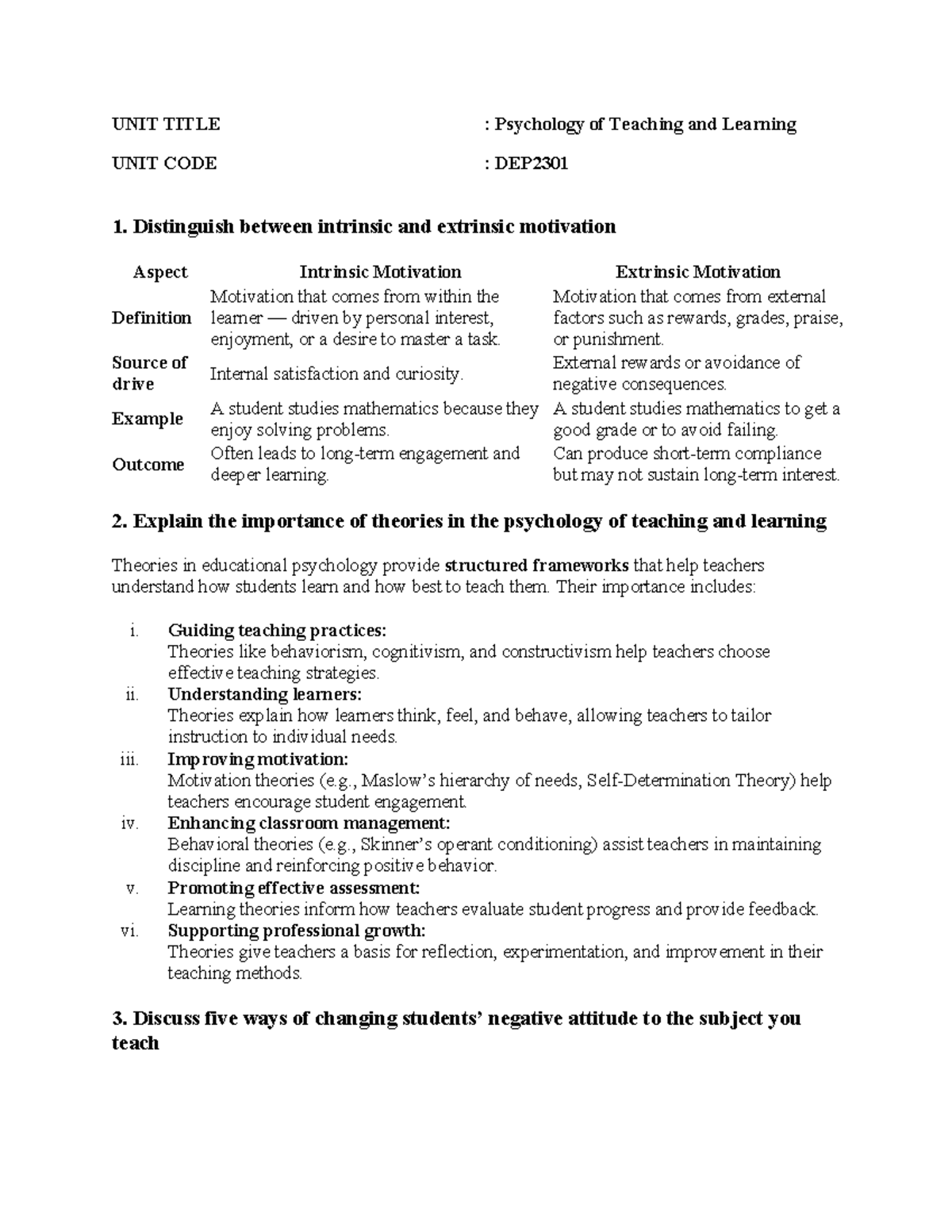 Psychology of Teaching and Learning: DEP2301 Overview and Key Concepts ...