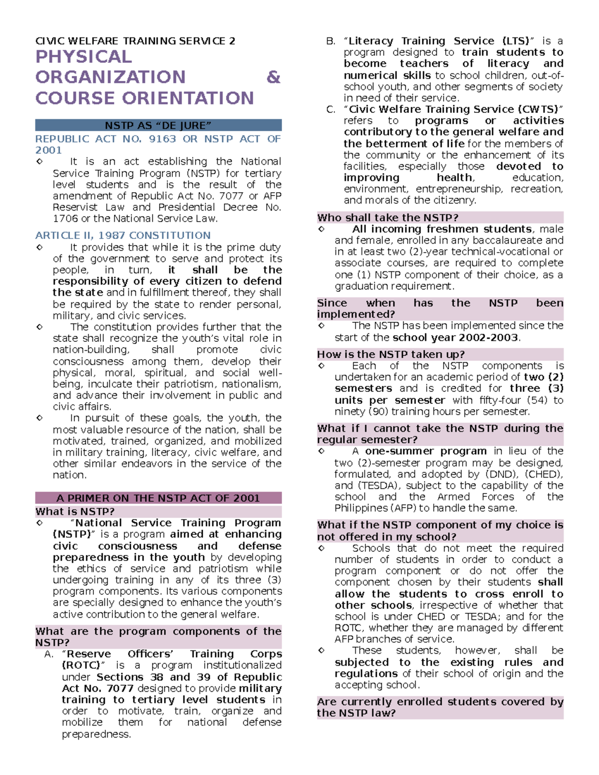 NSTP 1 Civic Welfare Training Service: Physical Organization Overview ...