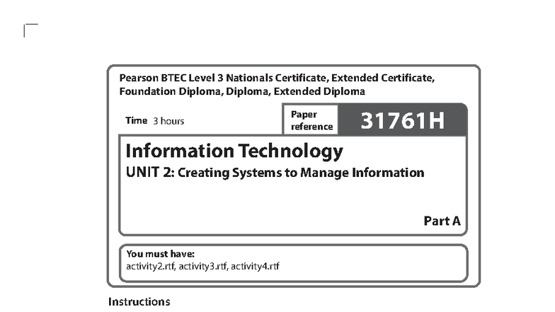 BTEC 31761H IT Unit 2: Creating Systems to Manage Info - Parts A & B ...