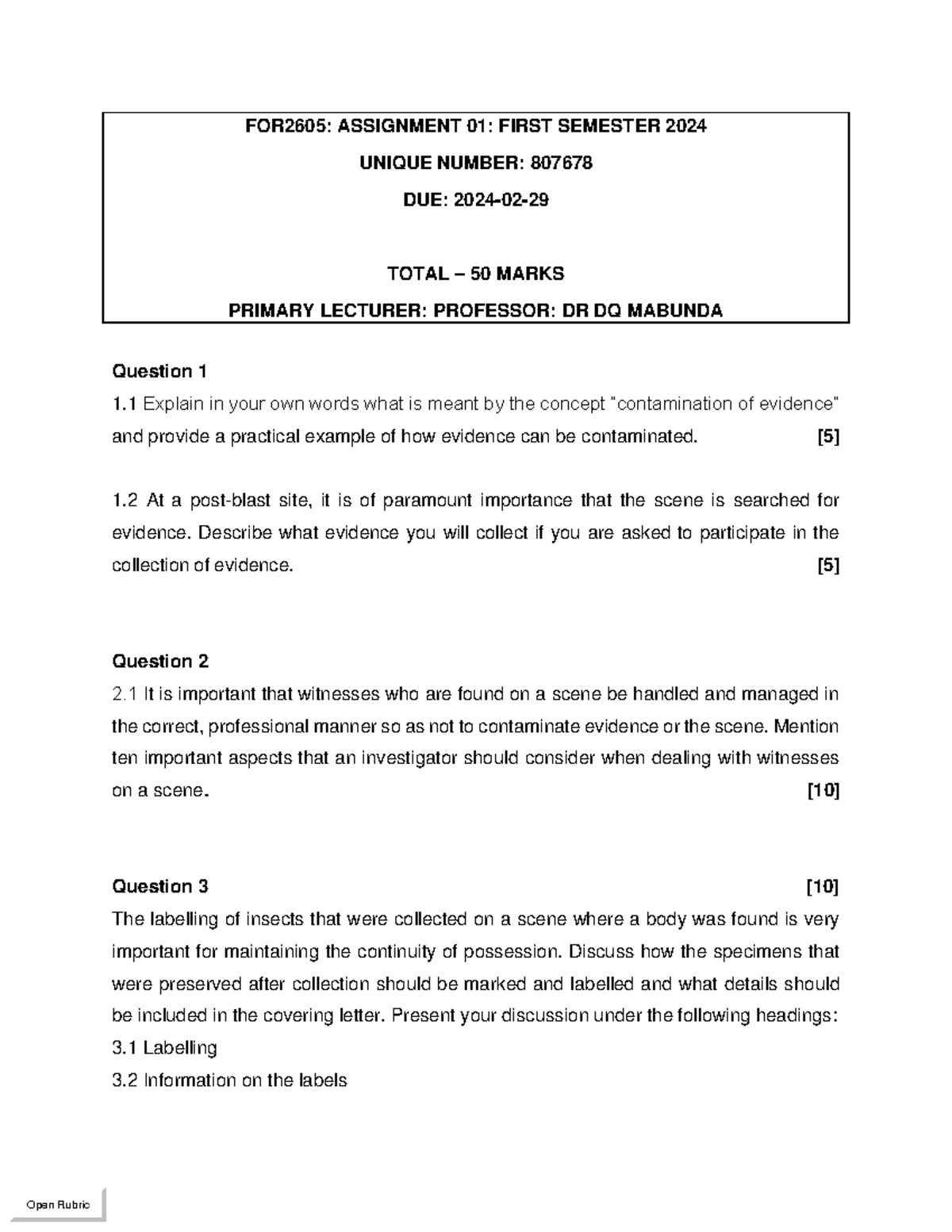 FOR2605 Assignment 01: Contamination of Evidence in Forensics 2024 ...