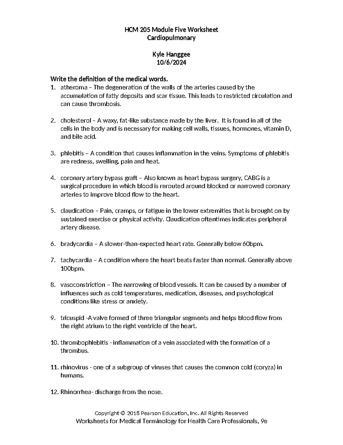 HCM 205 Module 5 Worksheet: Medical Terminology Definitions and ...