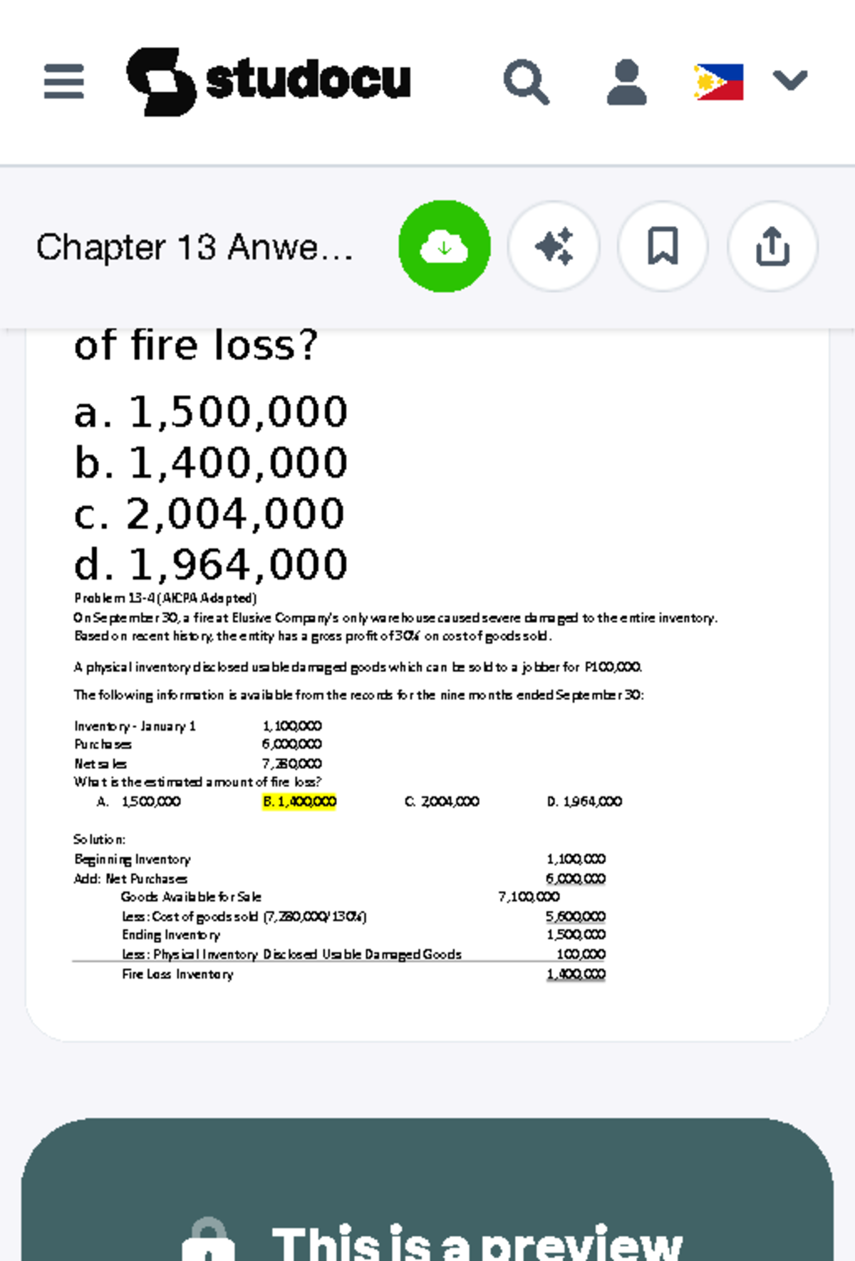 Chapter 13 Problem 13-1: Estimating Fire Loss (AICPA Adapted) - Studocu
