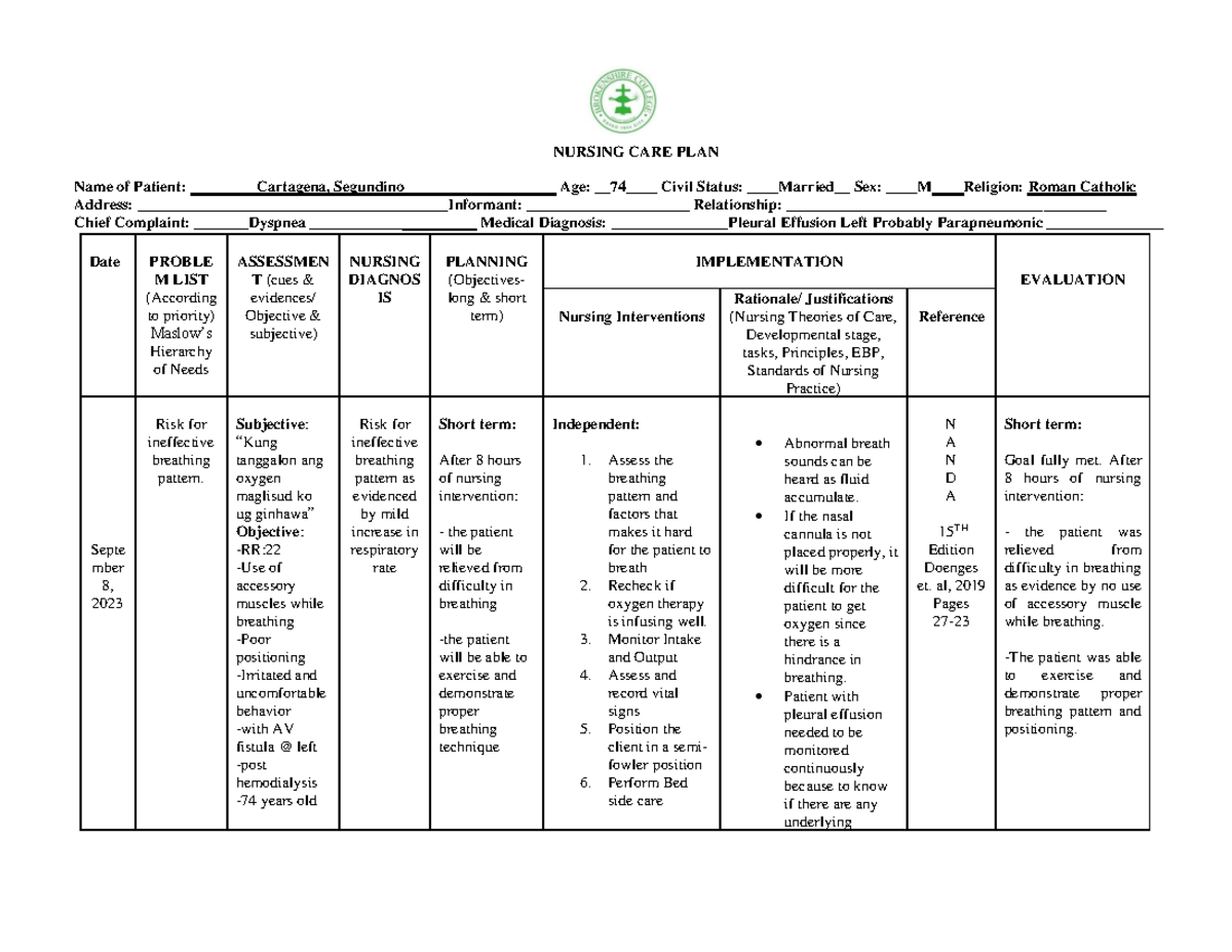 NURS 101: Nursing Care Plan for Patient with Left Effusion - Studocu