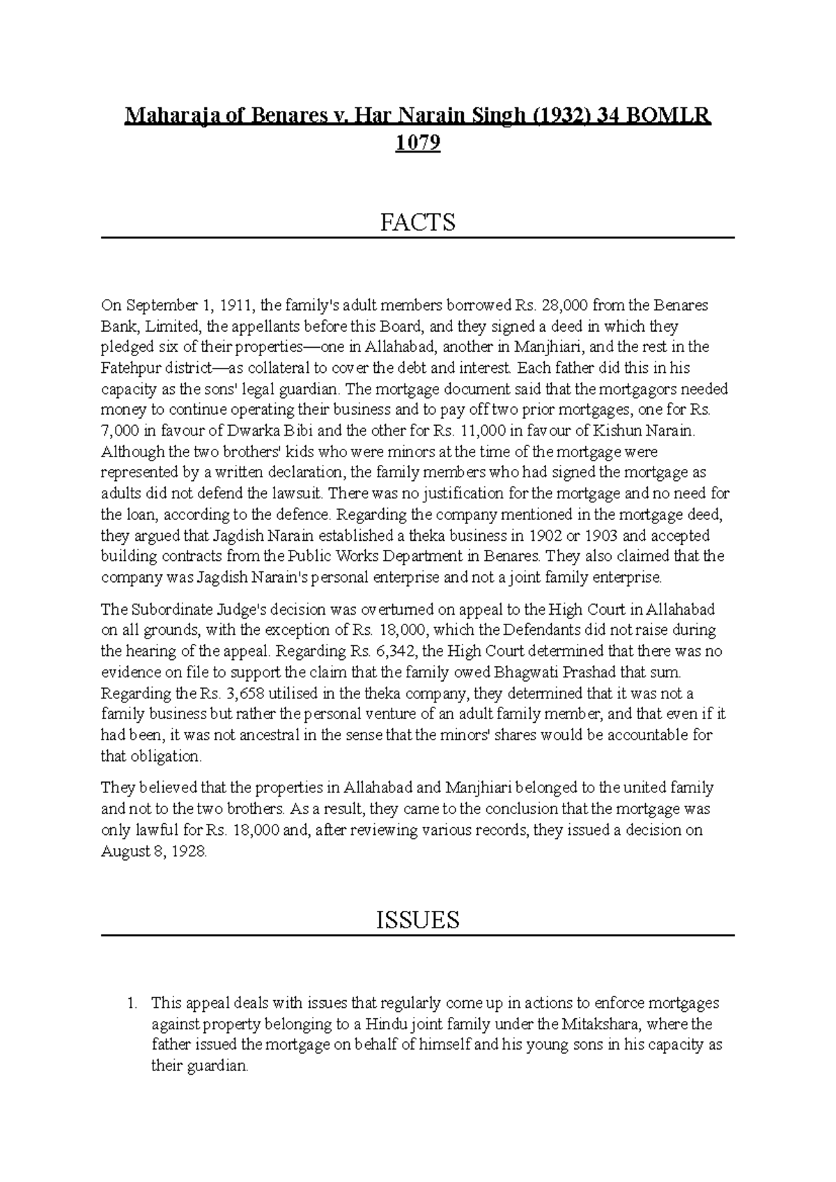 Case Analysis: Maharaja of Benares v. Har Narain Singh (1932) 34 BOMLR ...