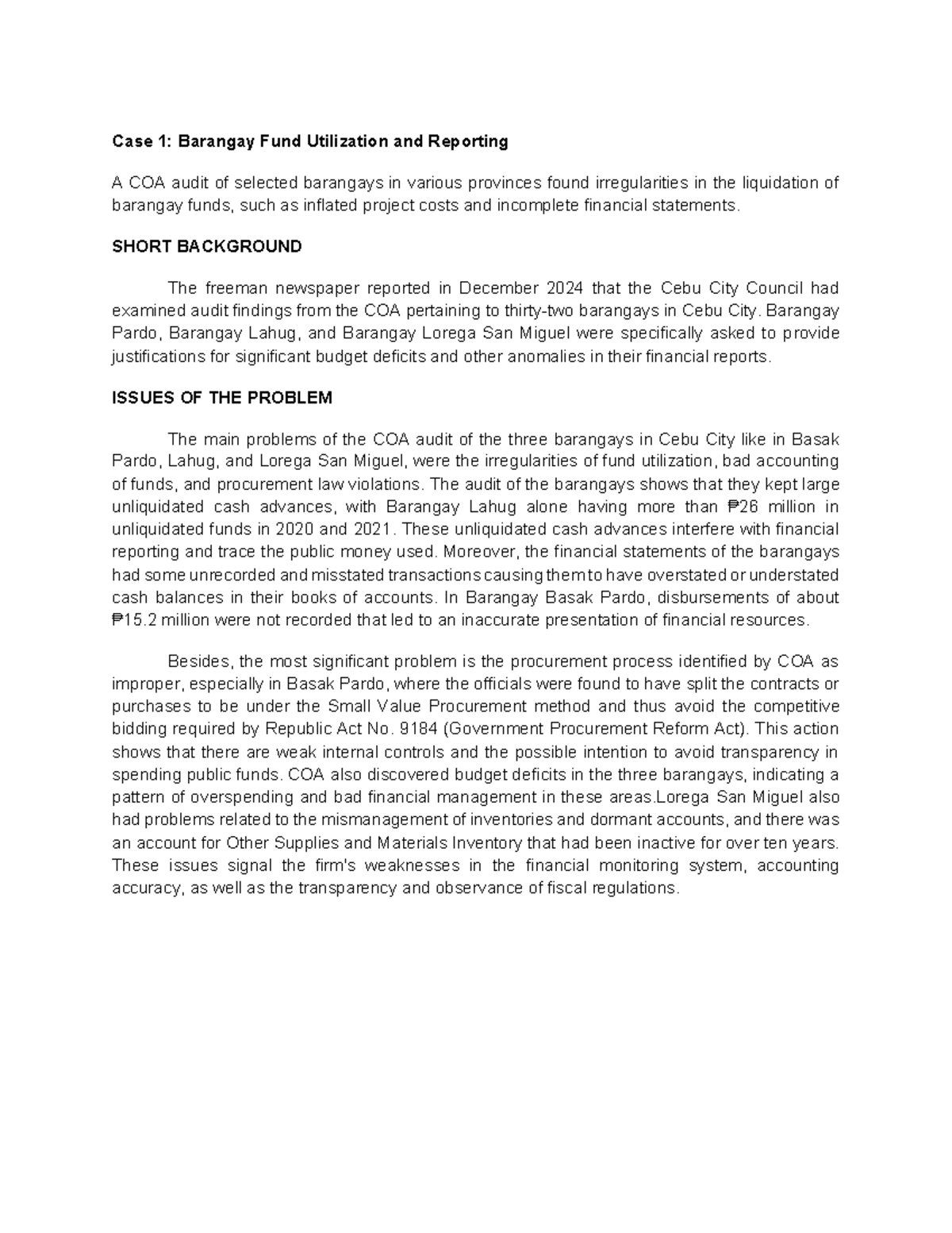 Case Study: COA Audit Findings on Barangay Fund Utilization - Studocu