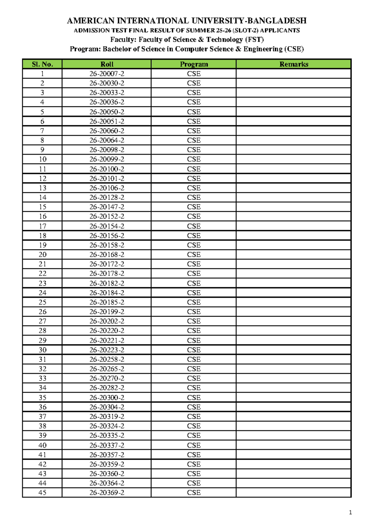 CSE Summer Admission Test Final Results - Faculty of Science Technology ...