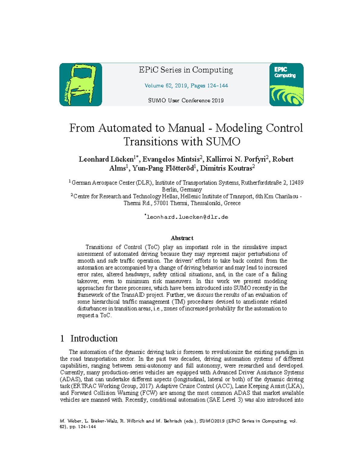 From Automated to Manual - Modeling Control Transitions with SUMO ...