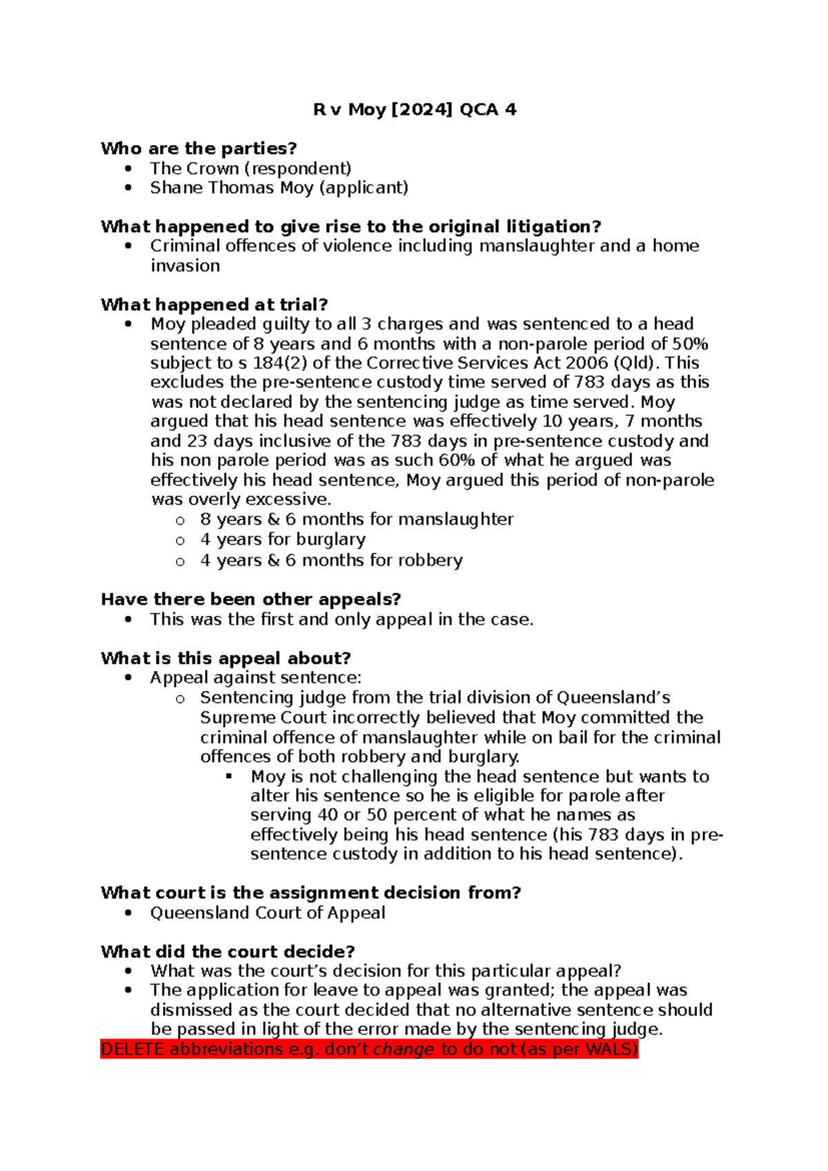 R v Moy Prep - Summary materials for case note - R v Moy [2024] QCA 4 ...