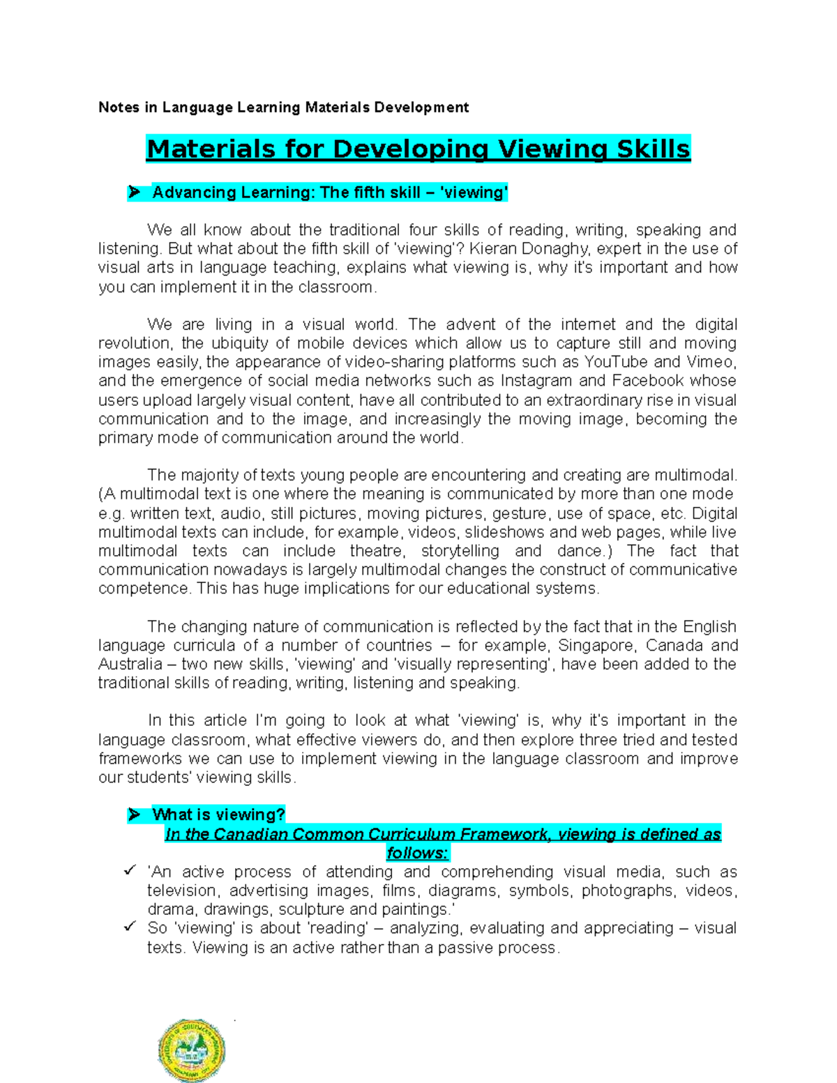 Materials for Developing Effective Viewing Skills in Language Learning - Studocu