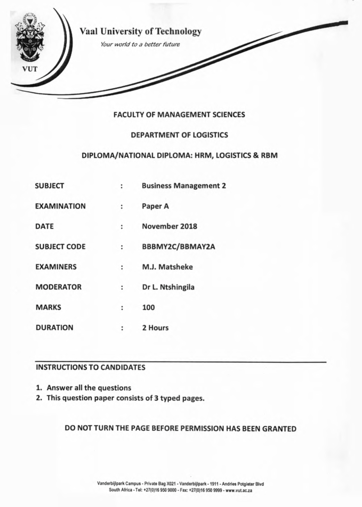 Business Management 2 Bbmay 2A November 2018 - Studocu