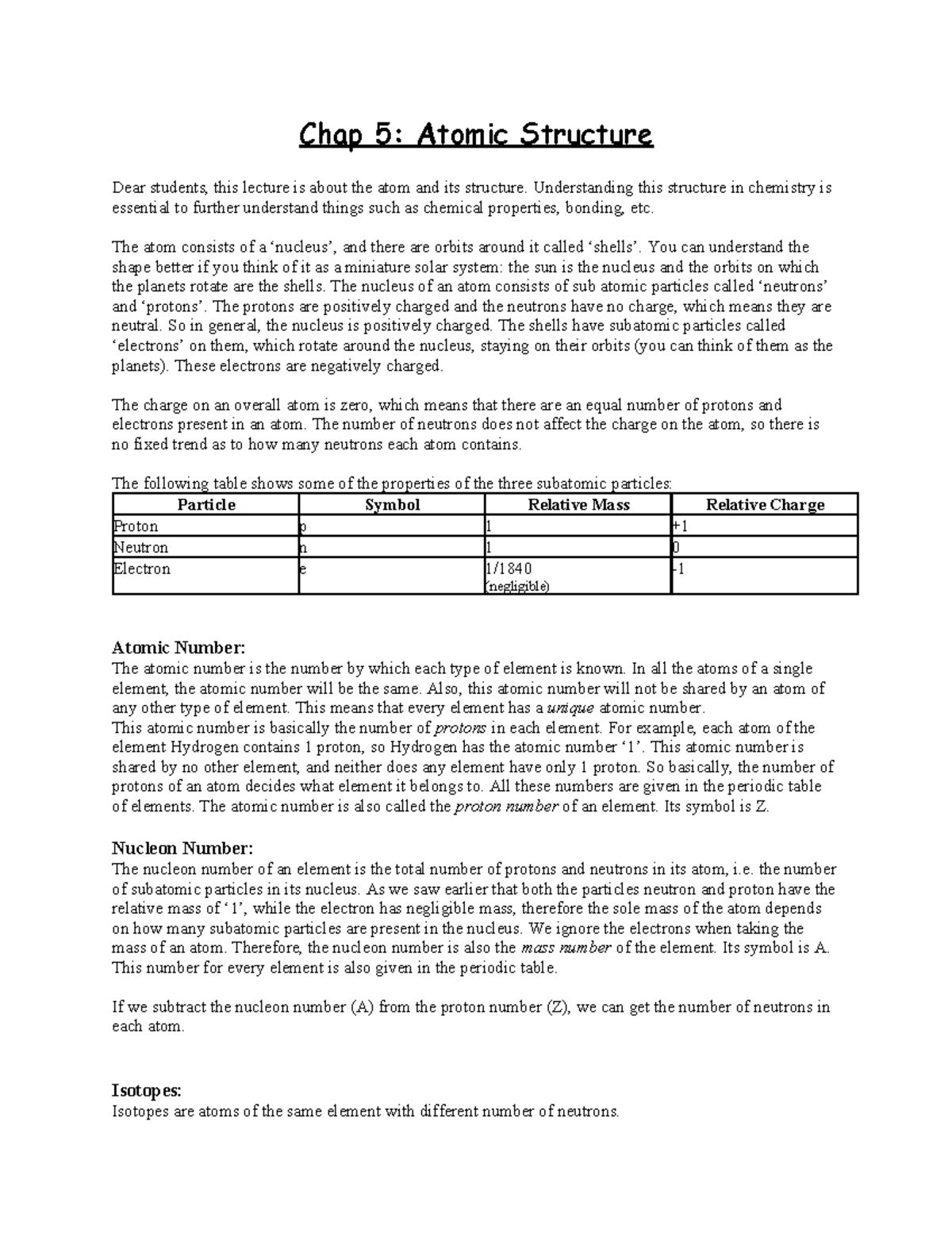 Chapter 5: Atomic Structure Overview for Chemistry Course - Studocu