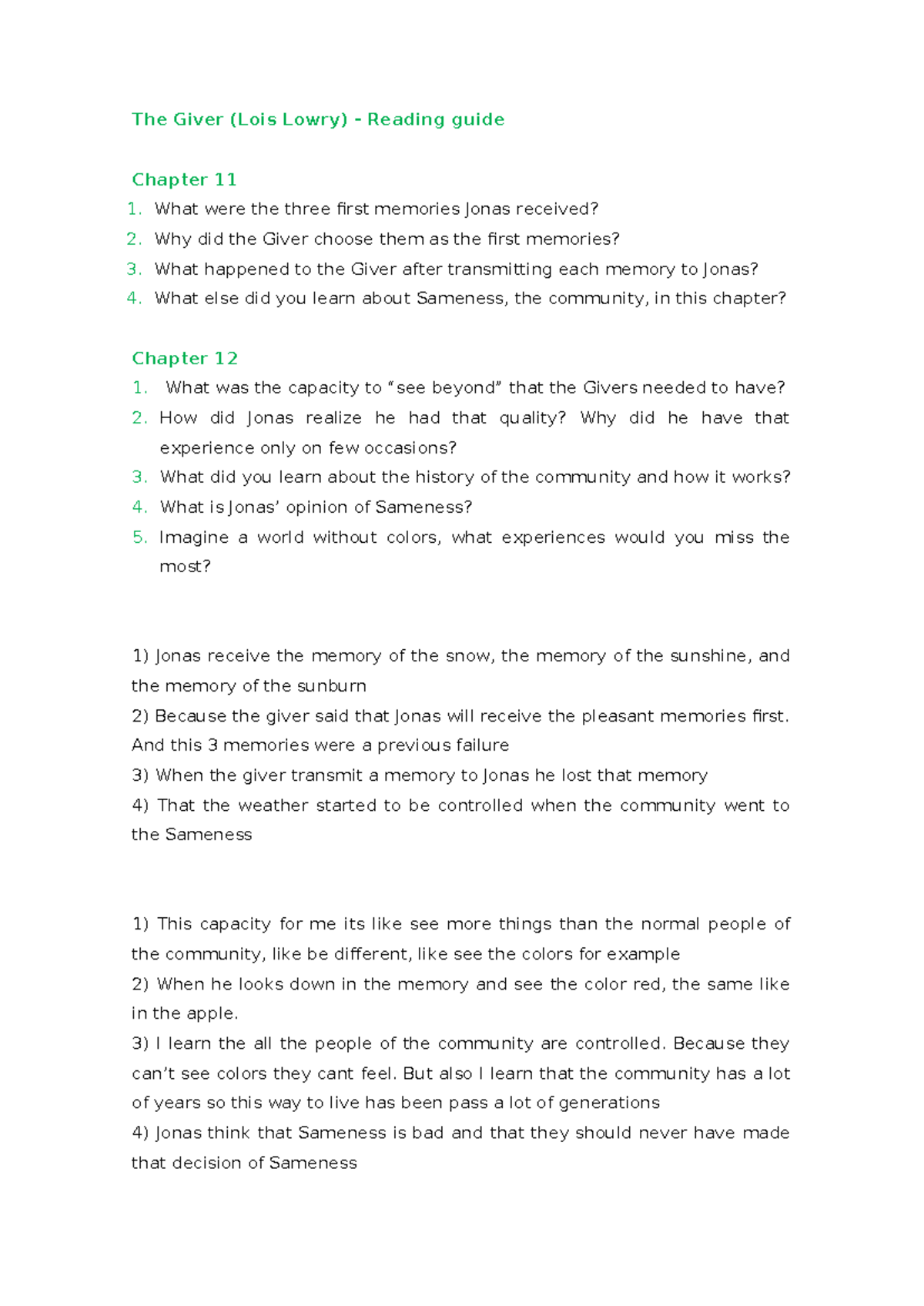 Chapter 11 & 12 Guide for 'The Giver' - EGFGRF - Studocu