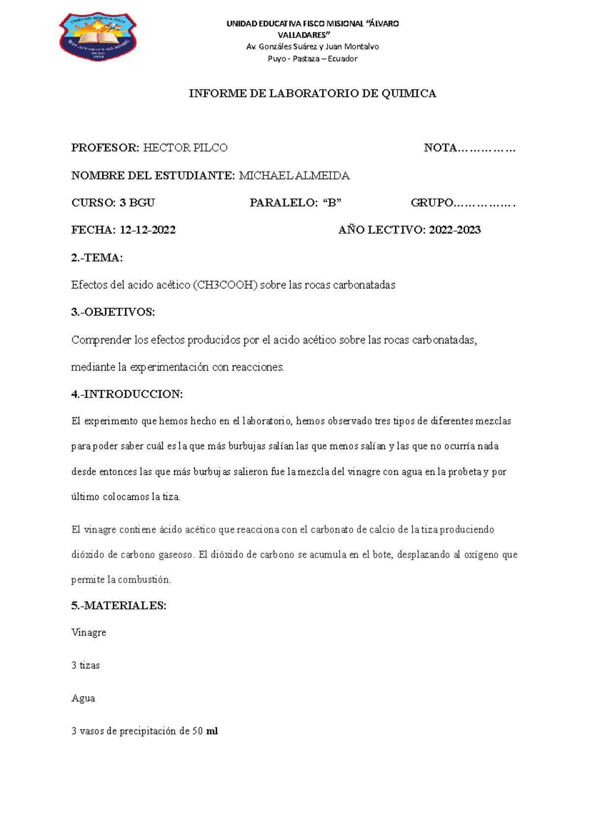 Quimica informe - waka maka chaca waka maca chaca - INFORME DE ...