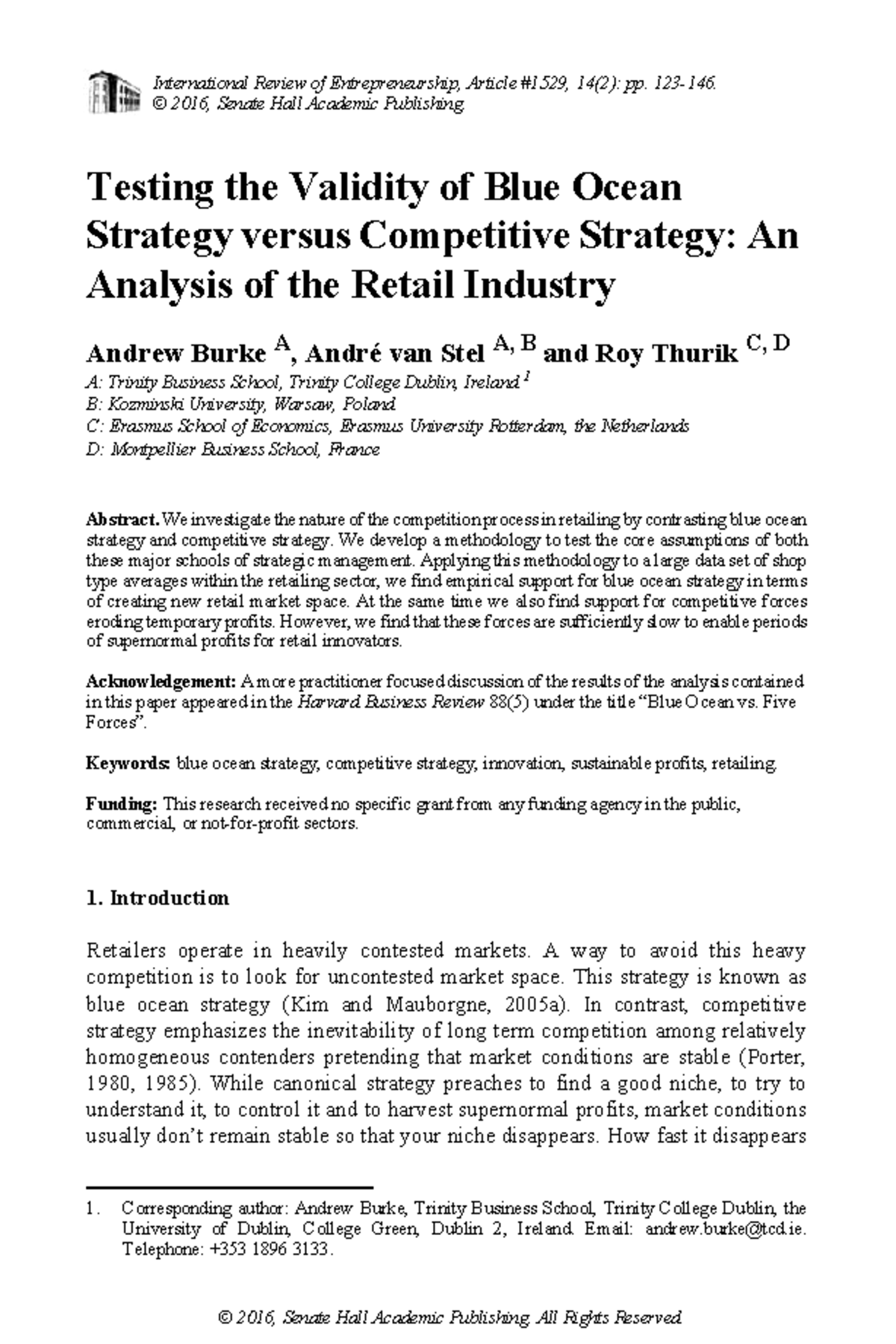 "International Review of Entrepreneurship: Blue Ocean vs. Competitive ...
