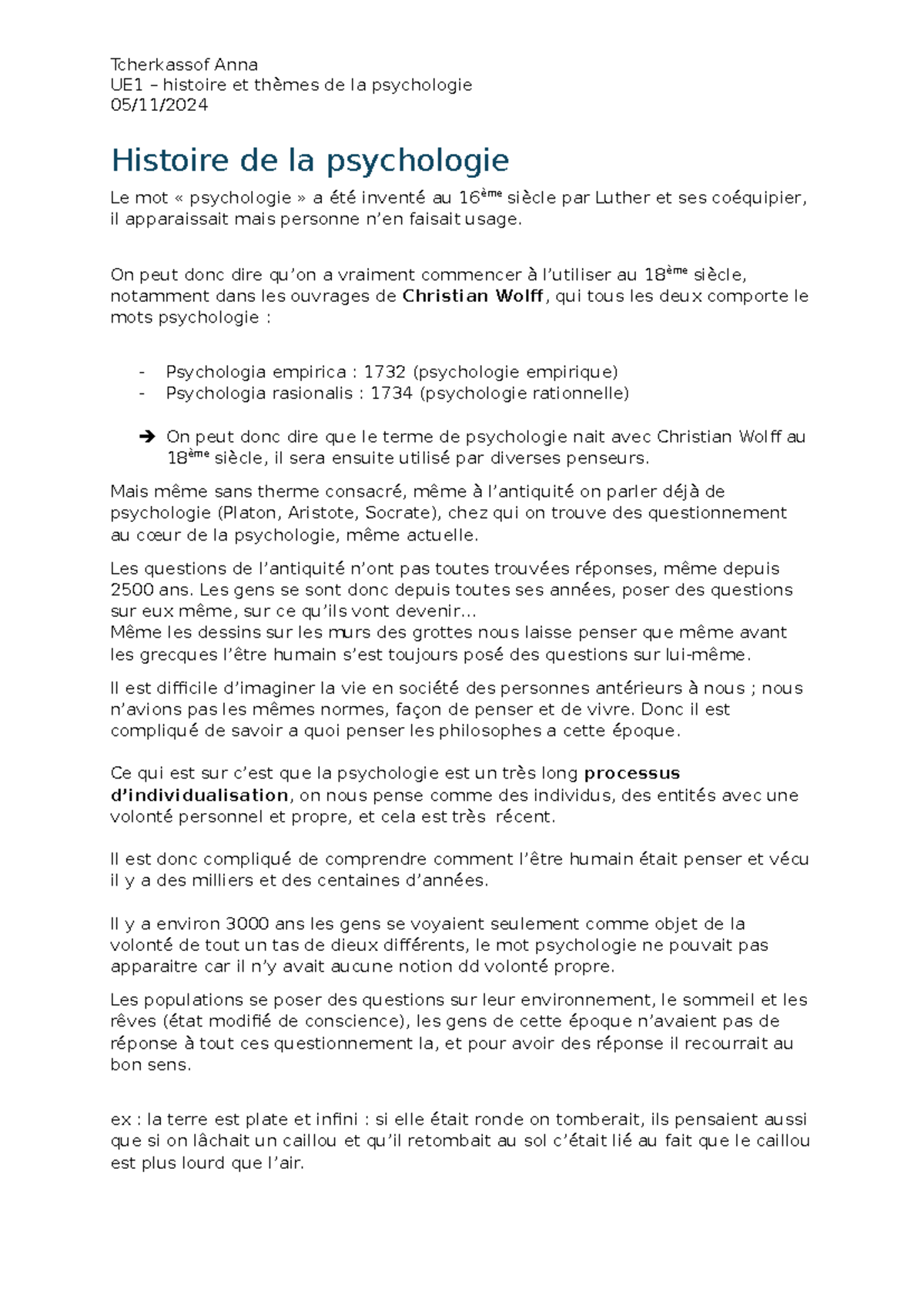 UE1 Histoire et Thèmes de la Psychologie : Évolution et Concepts clés ...
