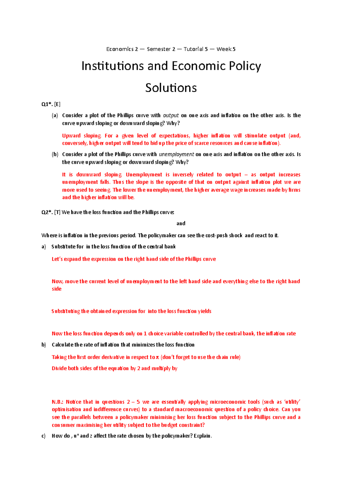 Semester Tutorial 5 - Economics 2 - Macro - Solutions - Economics 2 ...