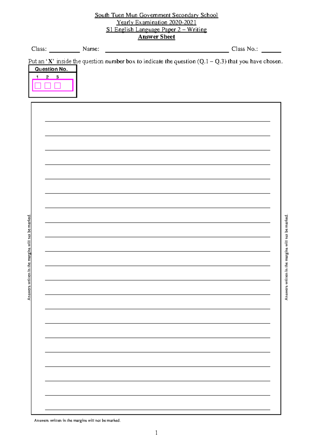 S1 B. Eng Yearly Exam Answer Sheet - Paper 2 Writing - Studocu