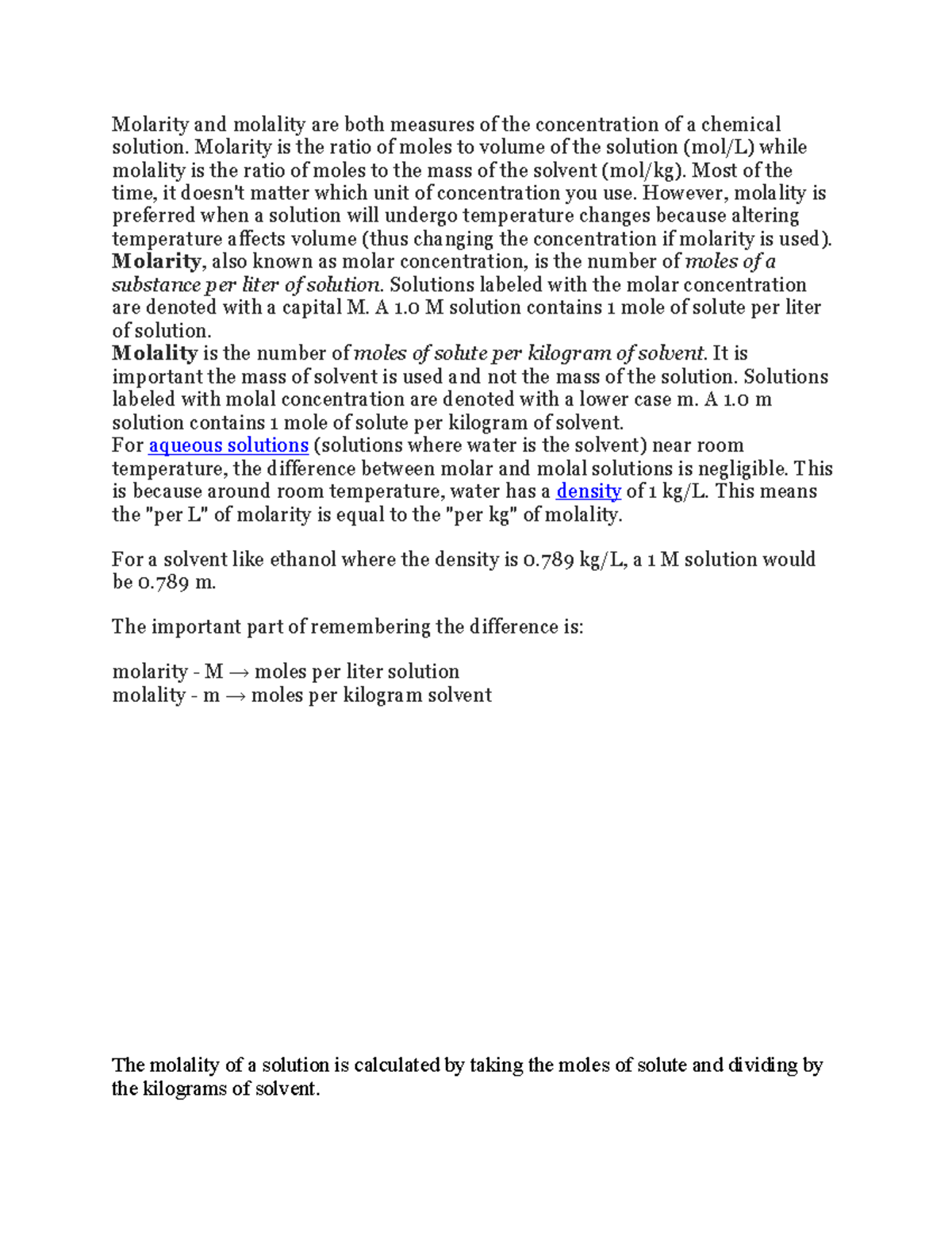 Molarity vs Molality: Key Concepts and Examples for Chemistry - Studocu