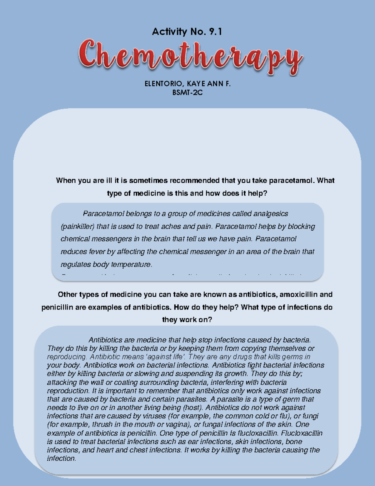 Biochem Activity No. 9.1 Antibiotics - Activity No. 9. ELENTORIO, KAYE ...
