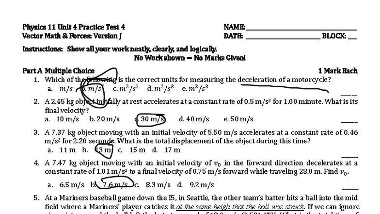 Physics 11 Unit 4 Practice Test 4: Vector Math Forces - Version J - Studocu