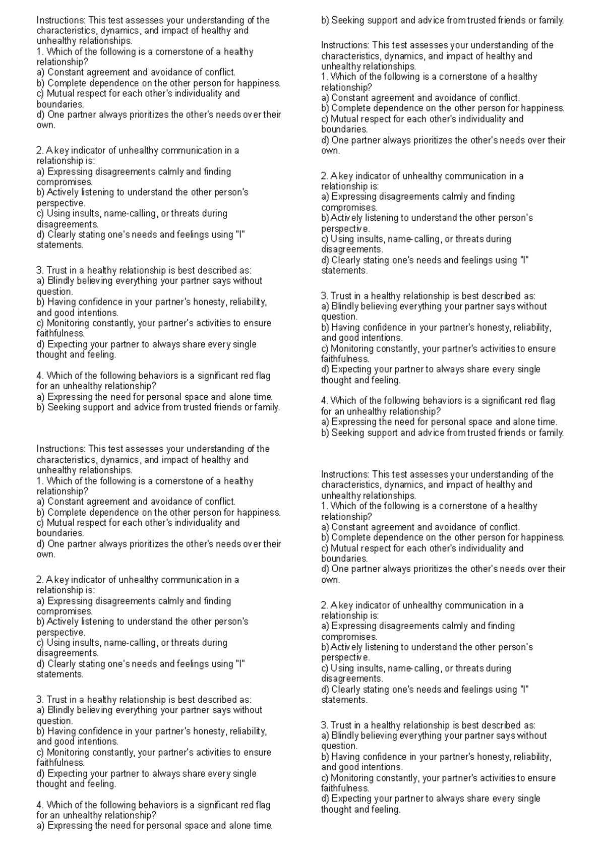 SQ1 Qtr2 - Short Quiz on Healthy vs Unhealthy Relationships - Studocu