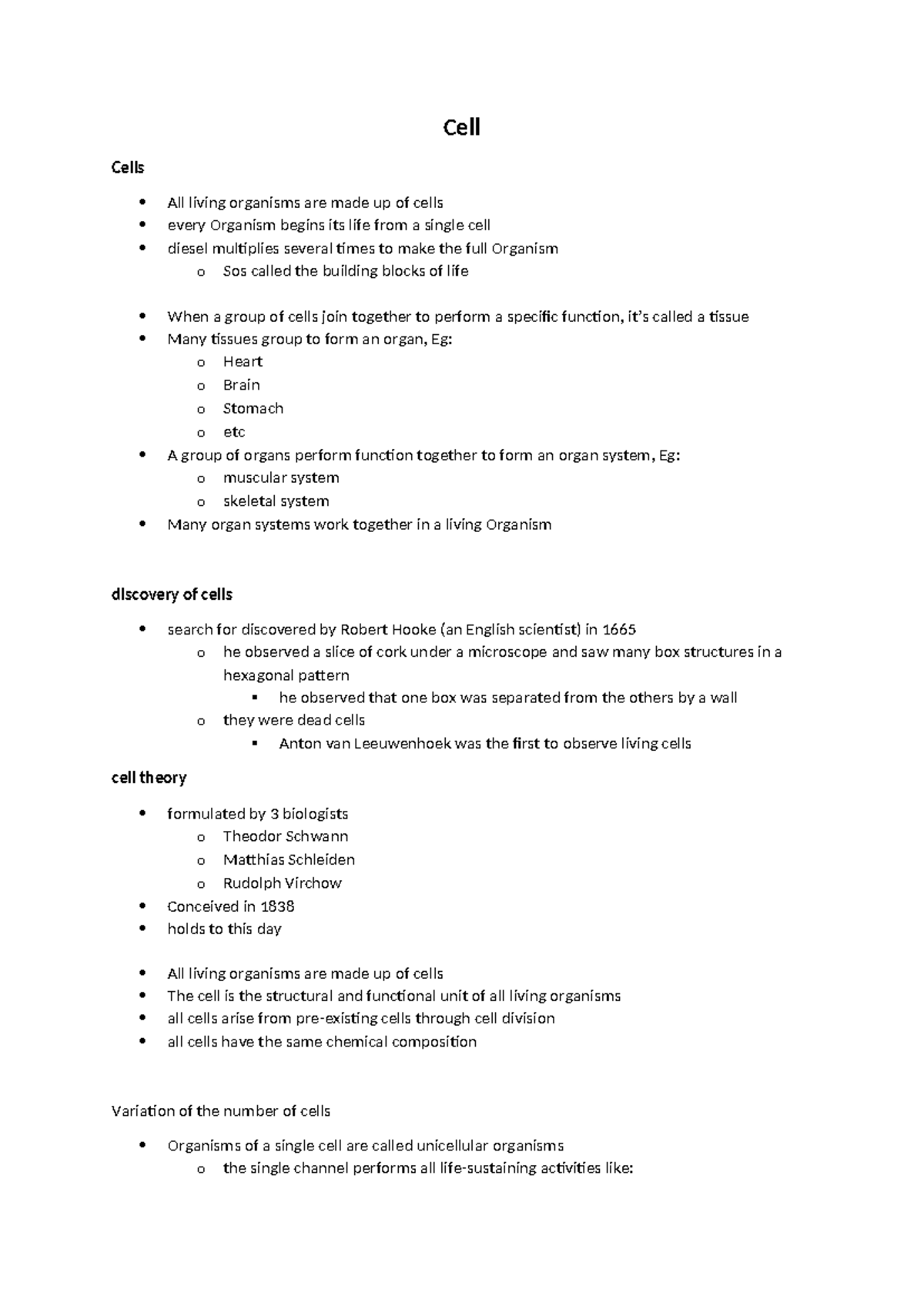 Cell - Chapter Notes for Grade 8 Science (Cell Biology) - Studocu