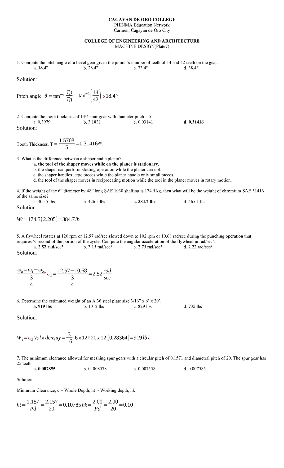 Plt#7-key - plate 7 - ####### CAGAYAN DE ORO COLLEGE ####### PHINMA ...