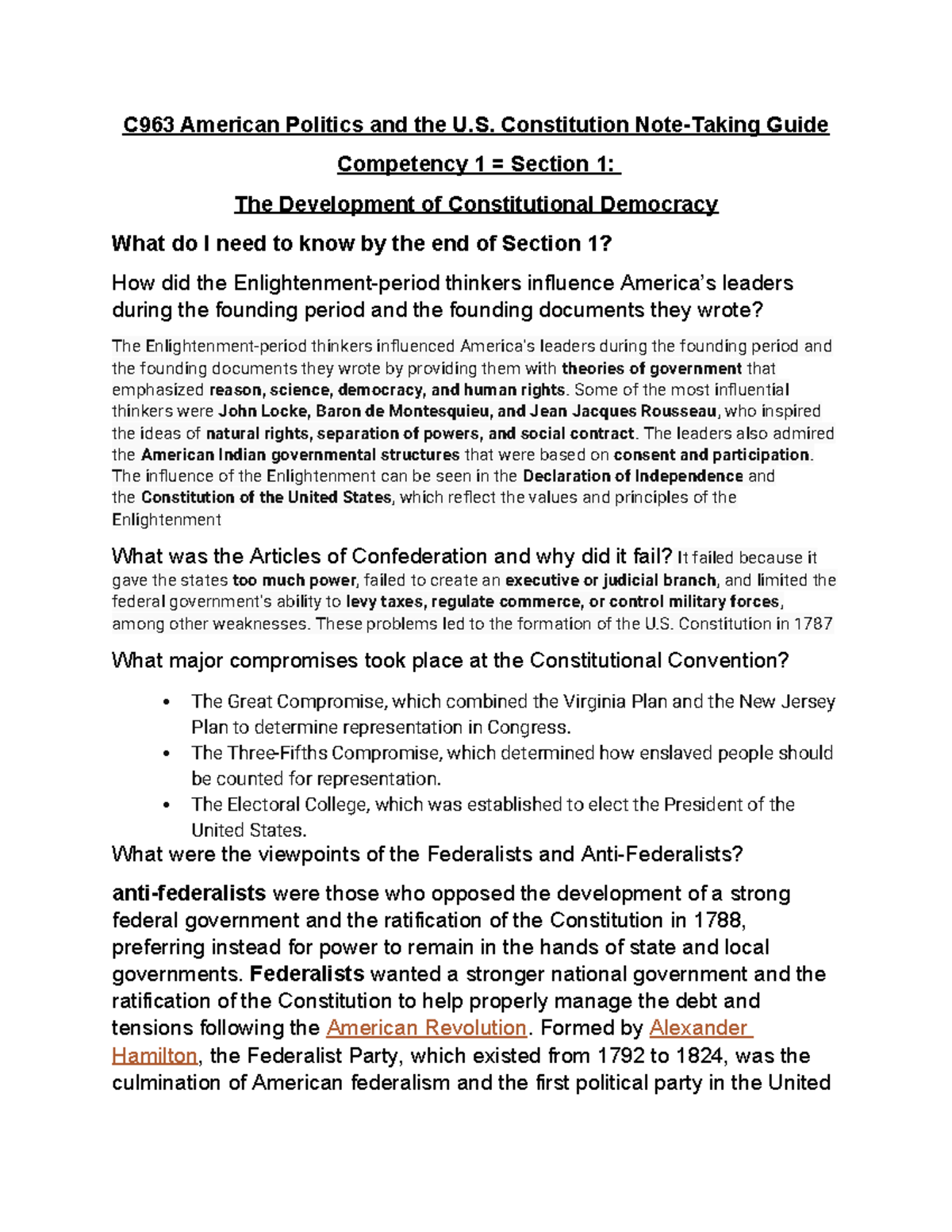 C963 American Politics & U.S. Constitution Note-Taking Guide - Studocu