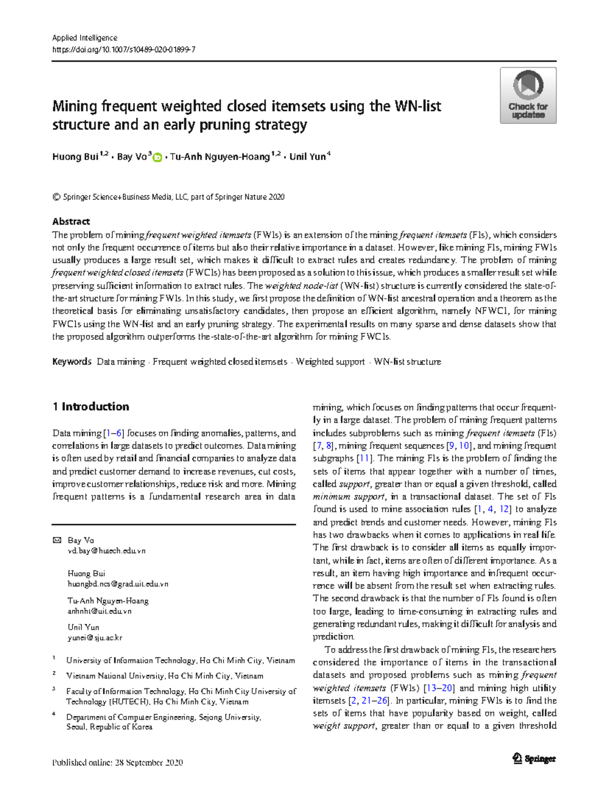 Mining Frequent Weighted Closed Itemsets: NFWCI Algorithm & Pruning Strategy - Studocu