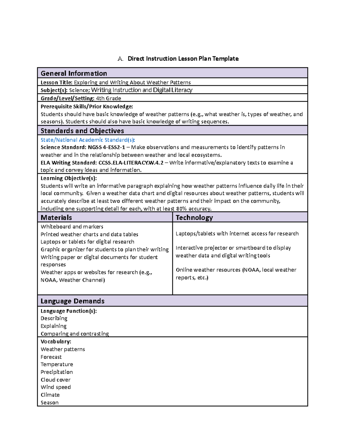 C732 Task 2 - Task 2 Elementary Disciplinary Literacy - A. Direct ...