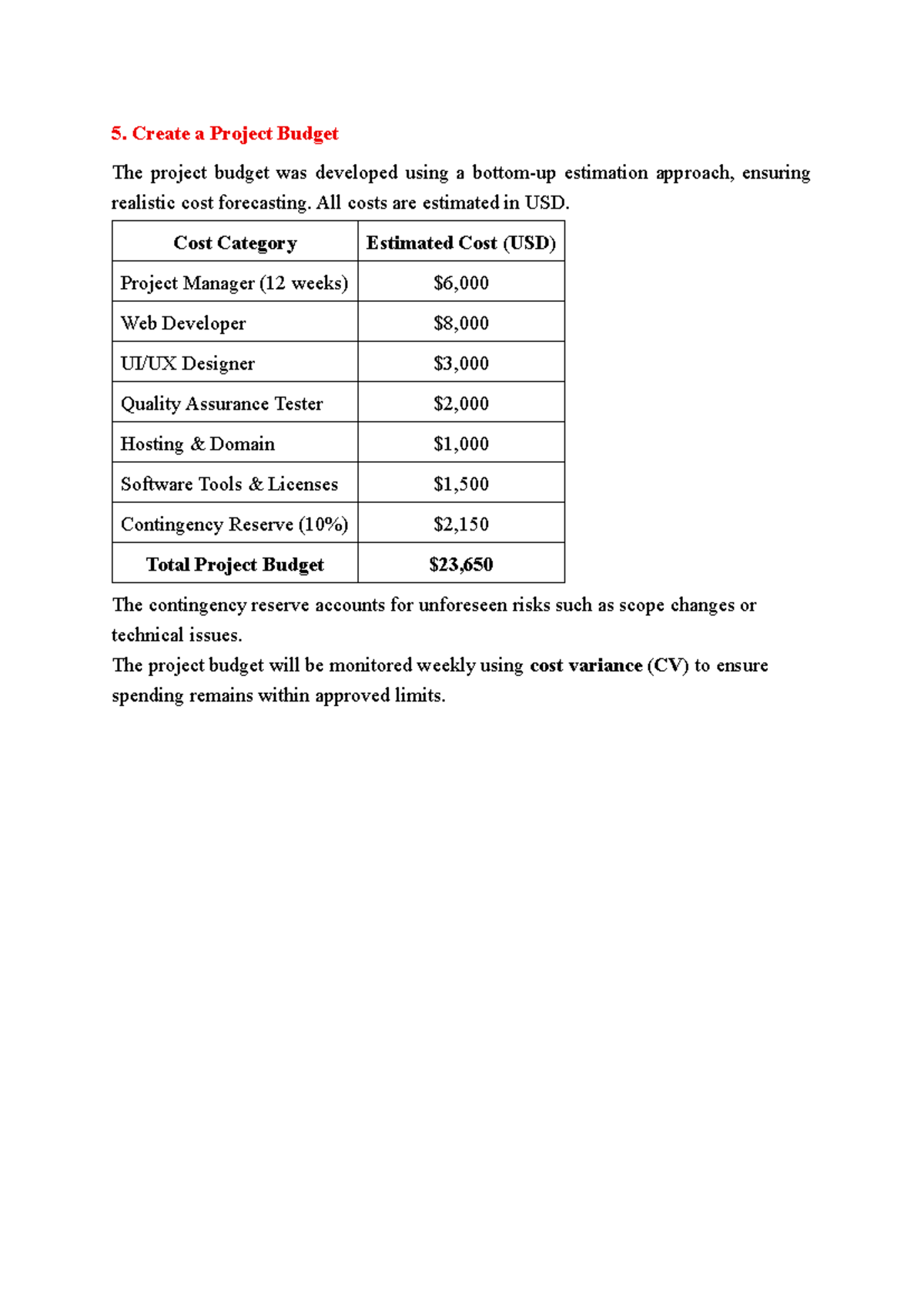 Create a Project Budget - All costs are estimated in USD. Cost Category ...