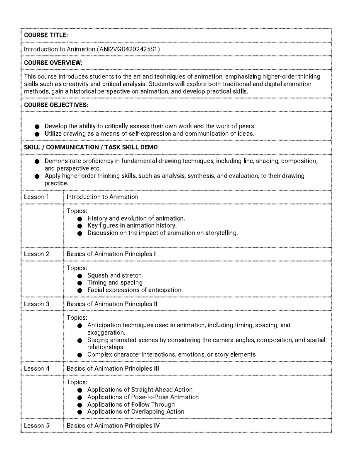 ANI2VGD4202425S1: Animation Course Syllabus and Lesson Notes - Studocu