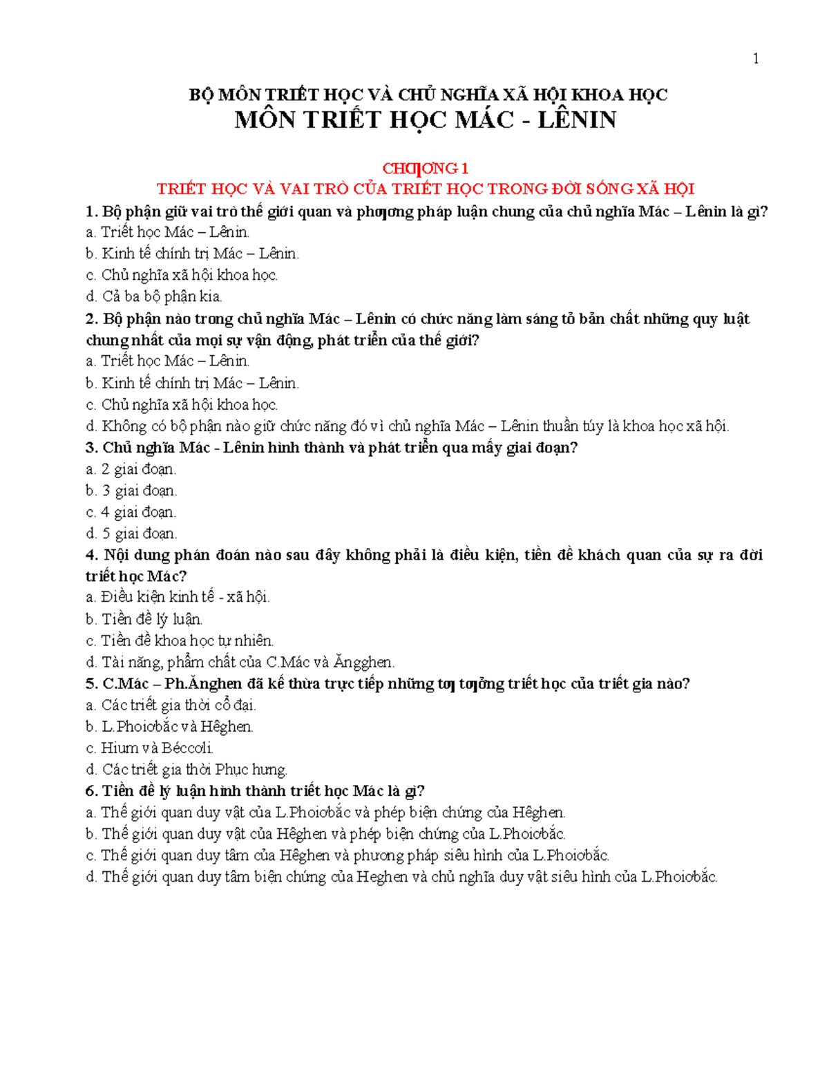 Trắc nghiệm có đáp án - Triết học Mác Lênin (MĐ 1) - Studocu