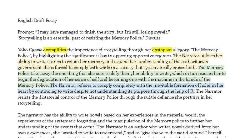 Memory Police Draft Essay - English Draft Essay Prompt: “I may have ...