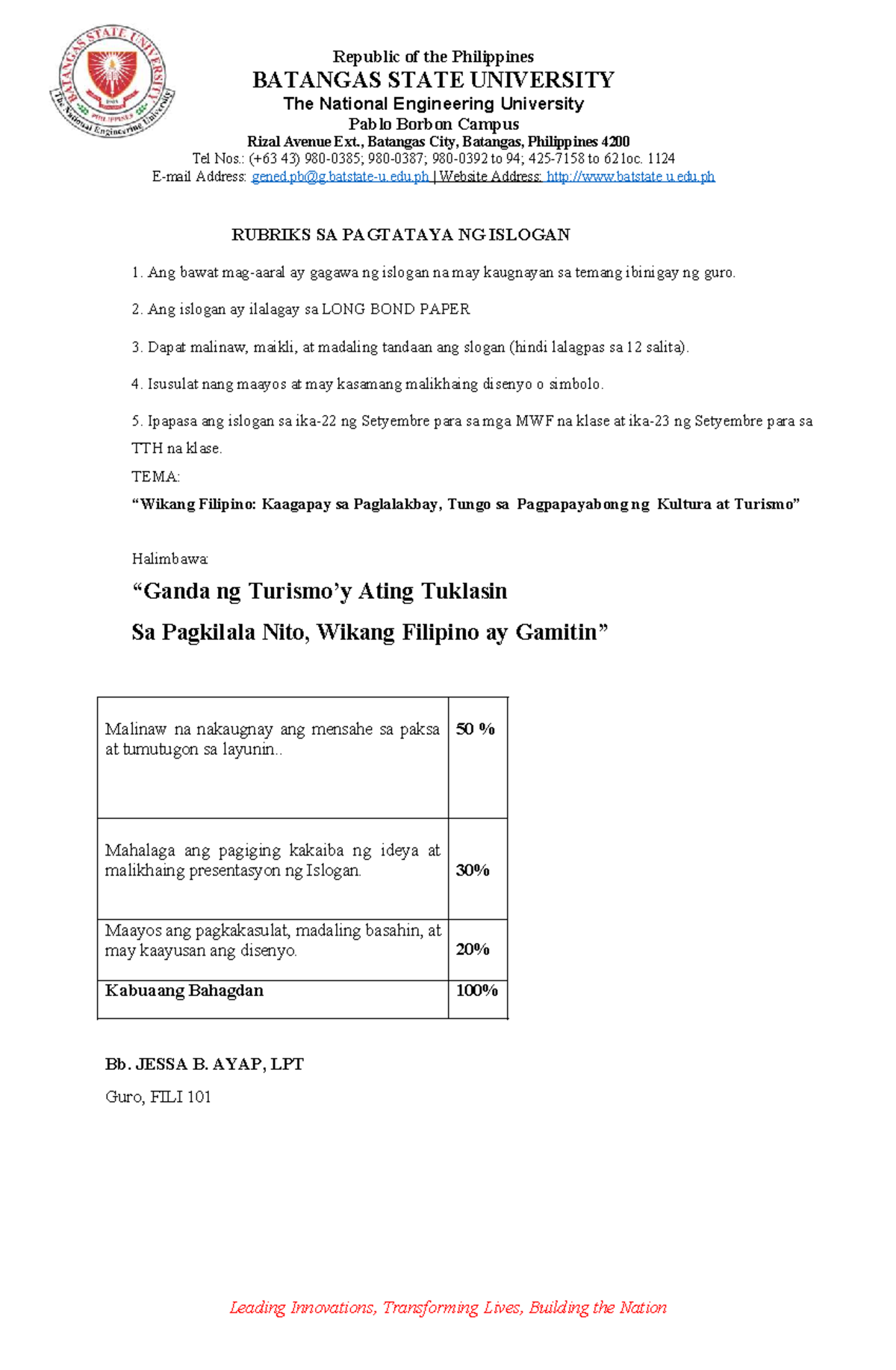 FILI 102 Gawain 2: Rubriks sa Pagtataya ng Islogan - Studocu