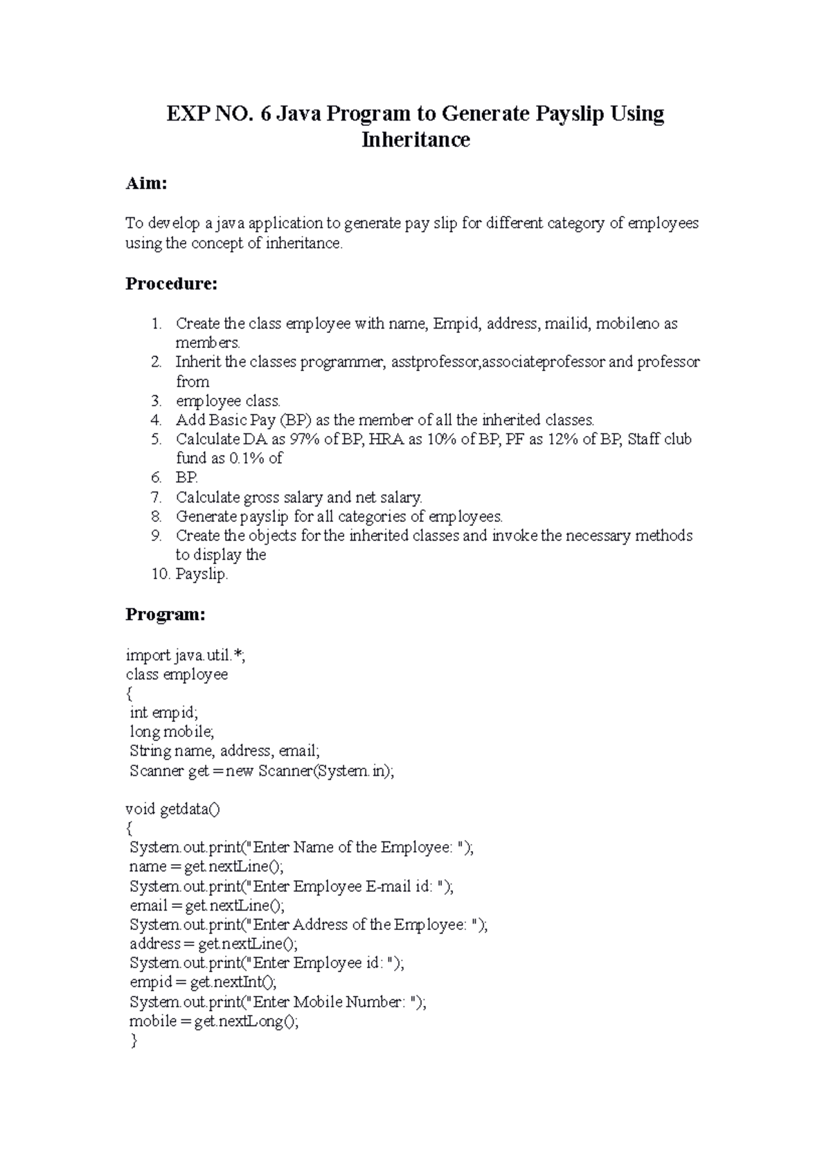 Exp 6,7,8,9,10 - EXP NO. 6 Java Program to Generate Payslip Using ...