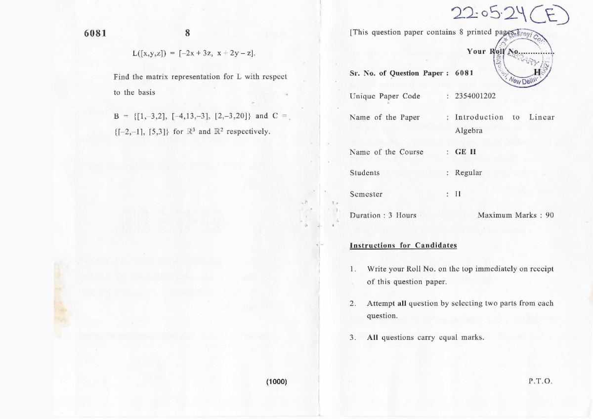 GE II 6081 Final Exam: Matrix Representation & Linear Algebra Concepts ...
