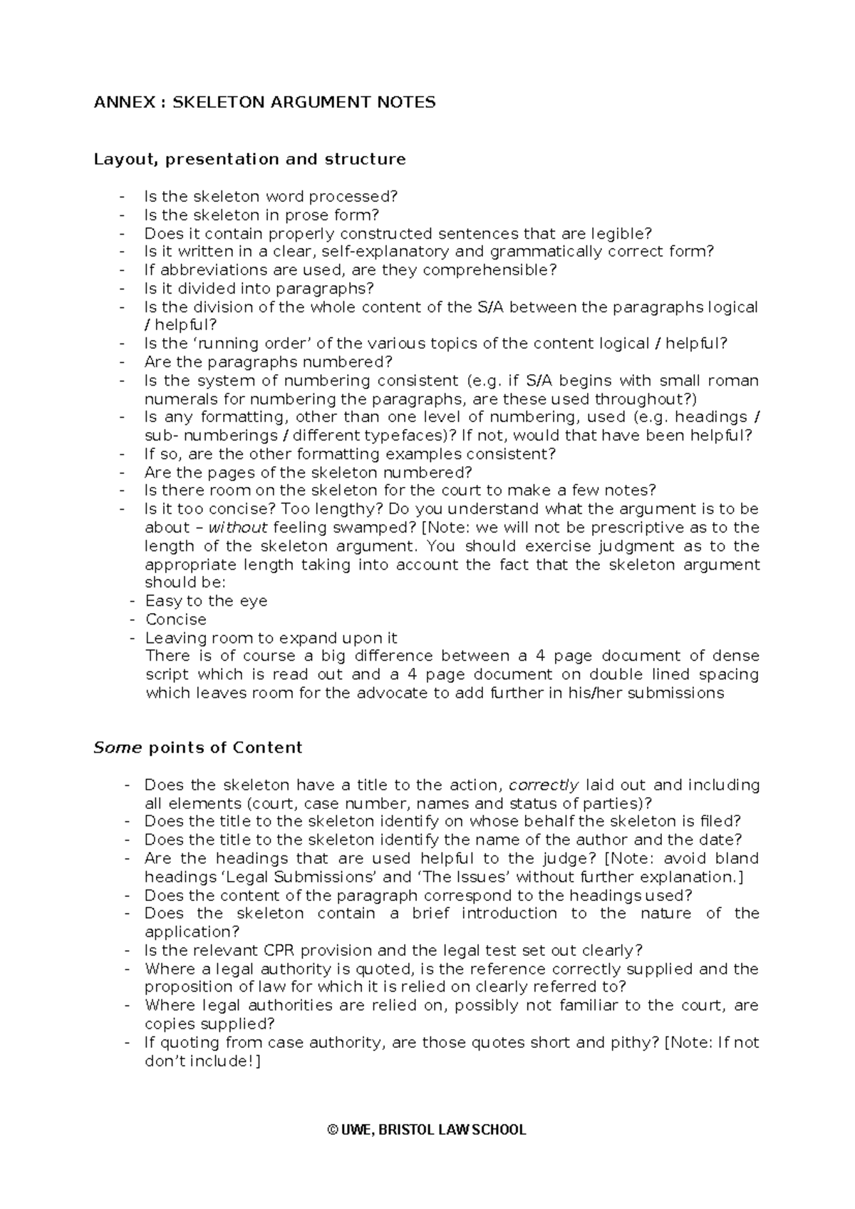 Skeleton Argument Checklist for Effective Legal Submissions - Studocu
