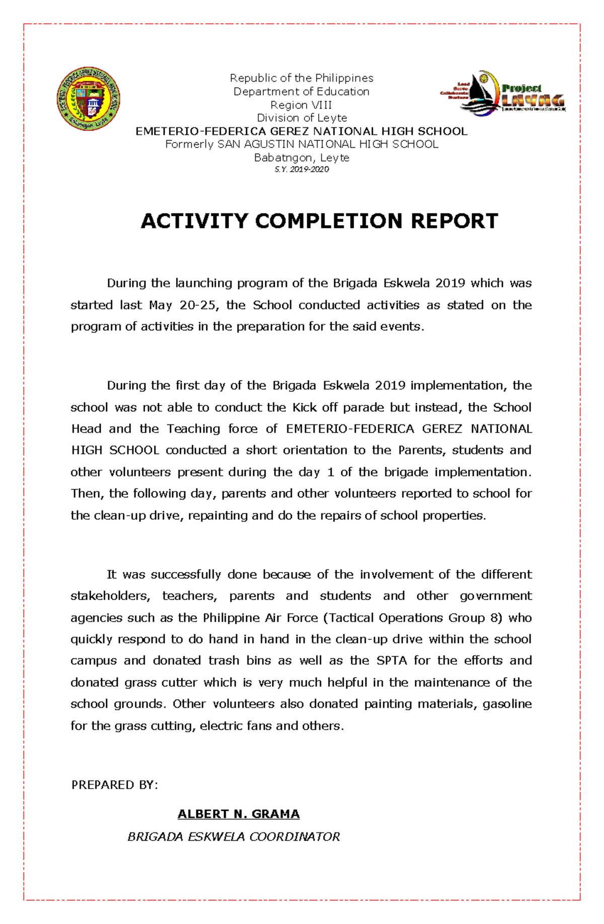 Activity Completion Report 2018 - Republic of the Philippines Department of Education Region ...