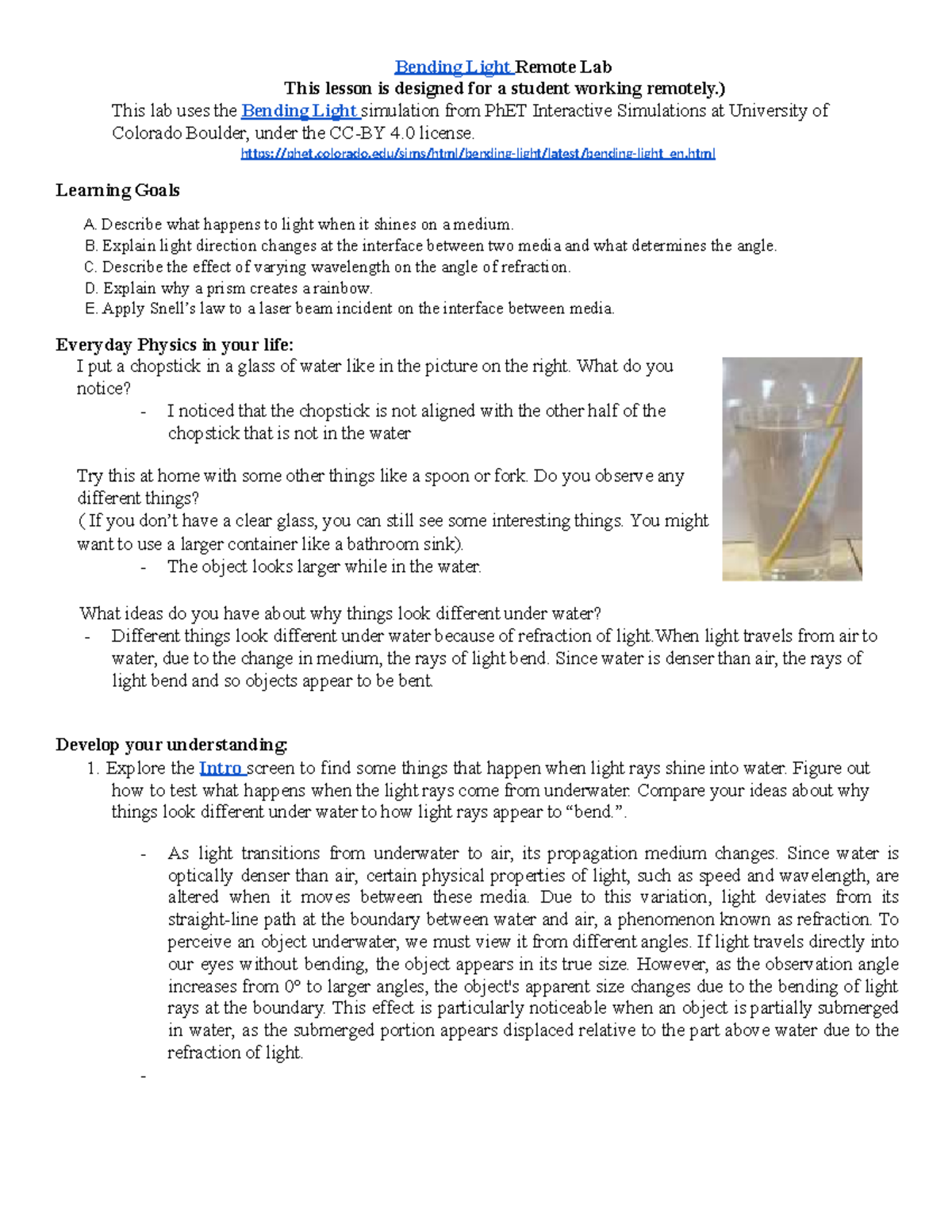 Bending light remote lab: Understanding refraction and prisms - Studocu