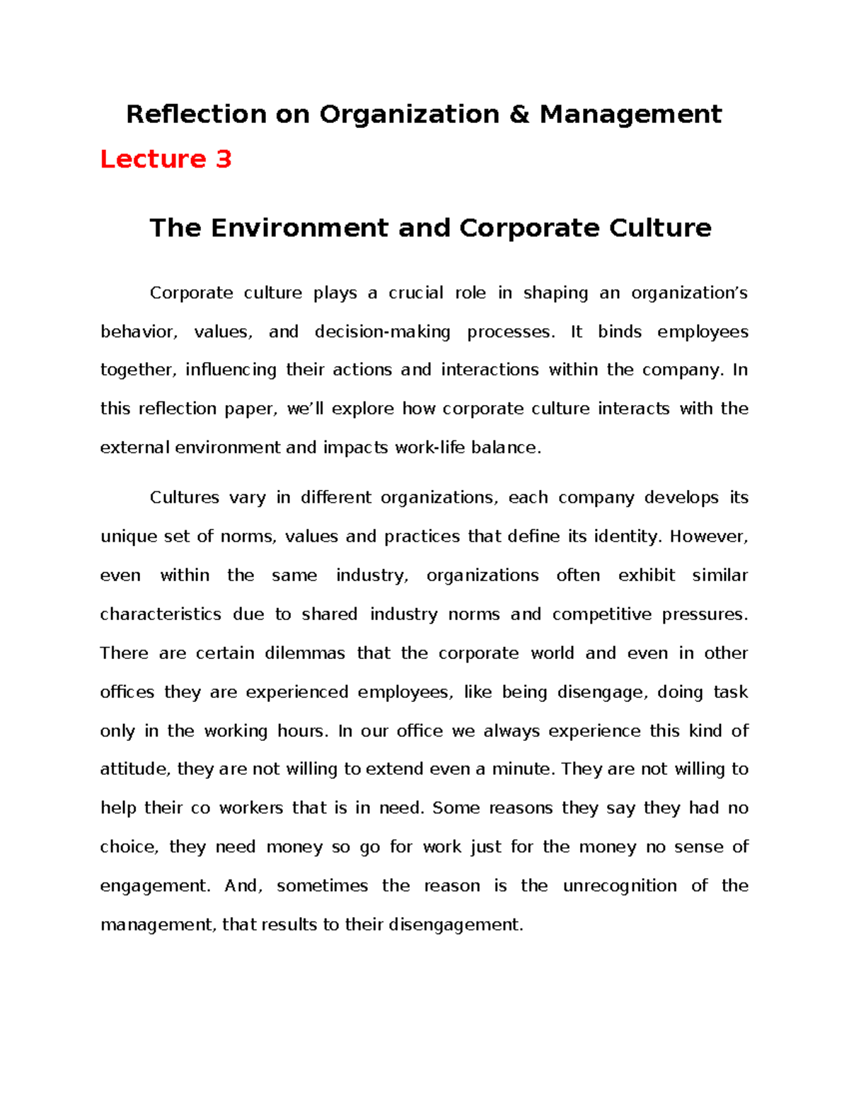 Reflection on Organization Lesson 3 - Reflection on Organization ...