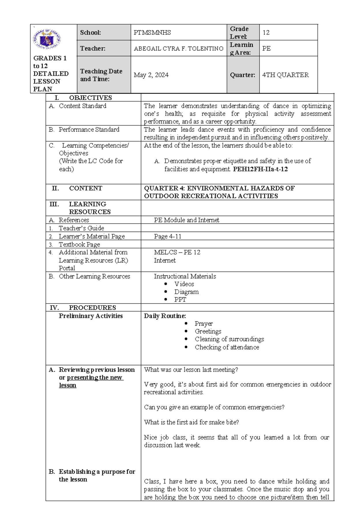 Q4 PE12 Lesson Plan: Environmental Hazards in Outdoor Activities - Studocu