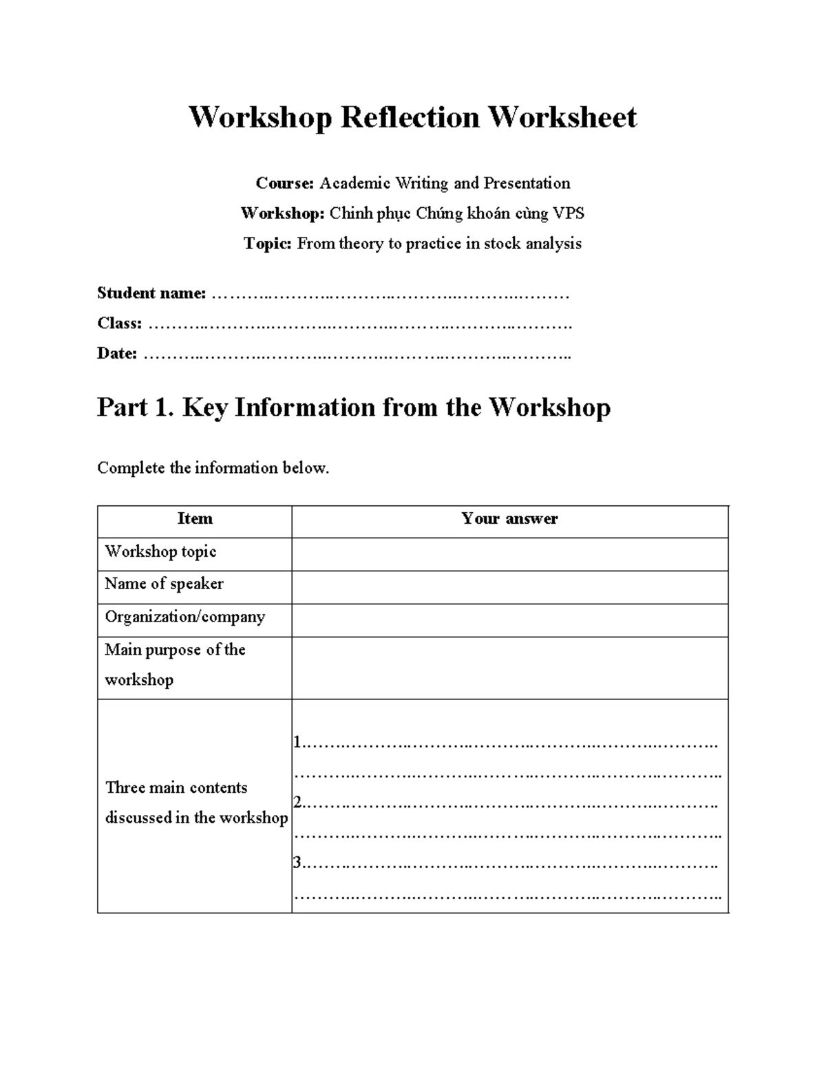 AWP Workshop Reflection: Insights on Stock Analysis and Practice - Studocu