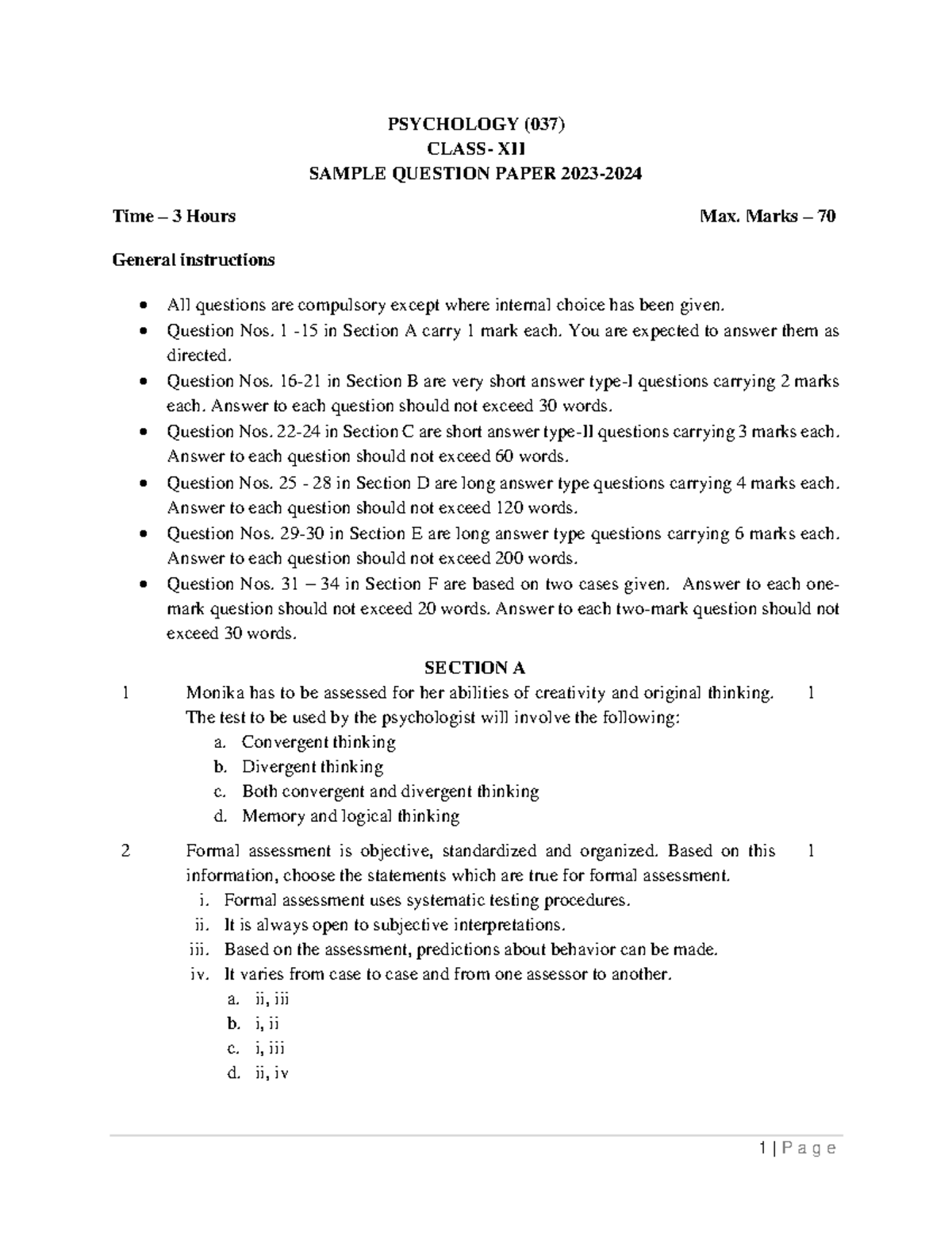 Class 12 Psychology (037) Sample Question Paper 2023-24 PDF - Studocu