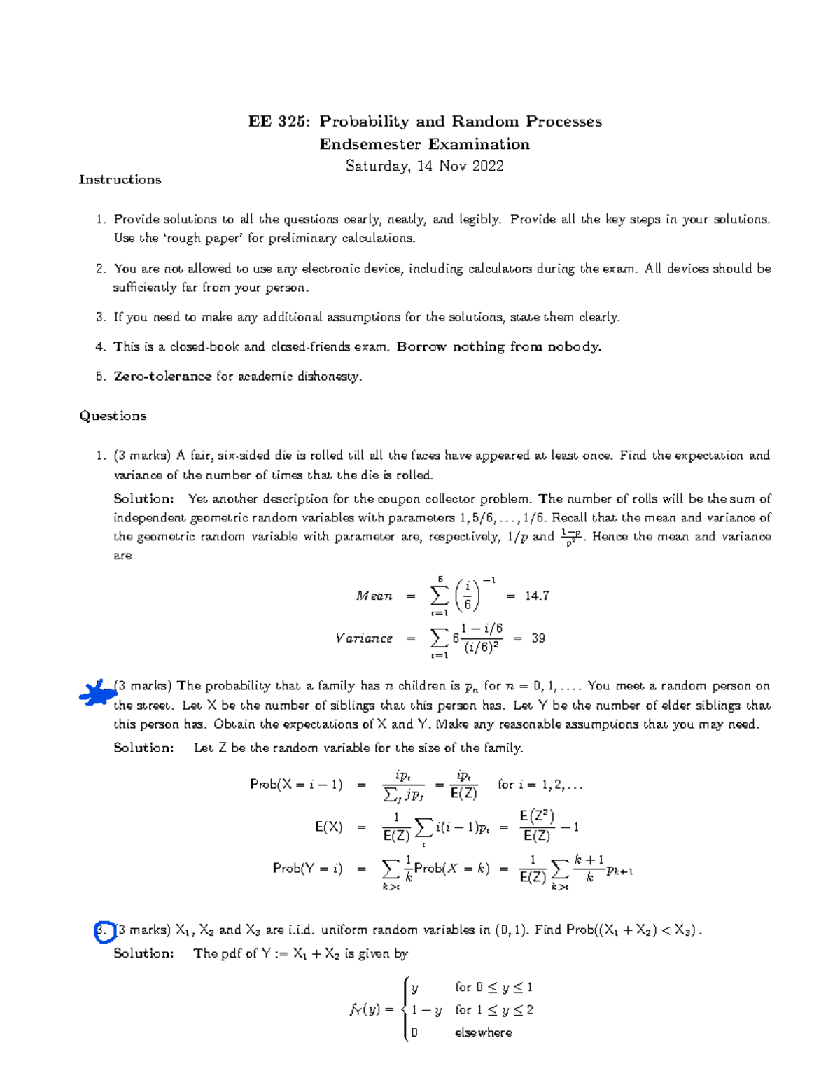 EE 325: Probability and Random Processes Endsem Exam Solutions - Studocu