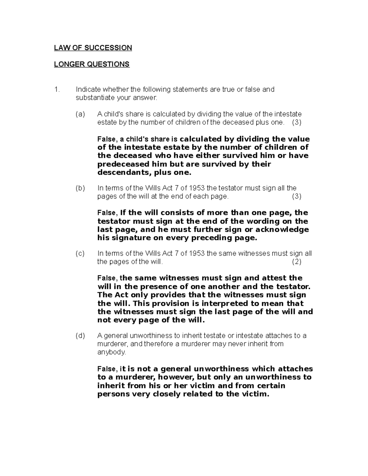 LAW 101: Long Questions on Succession Law Concepts and Cases - Studocu
